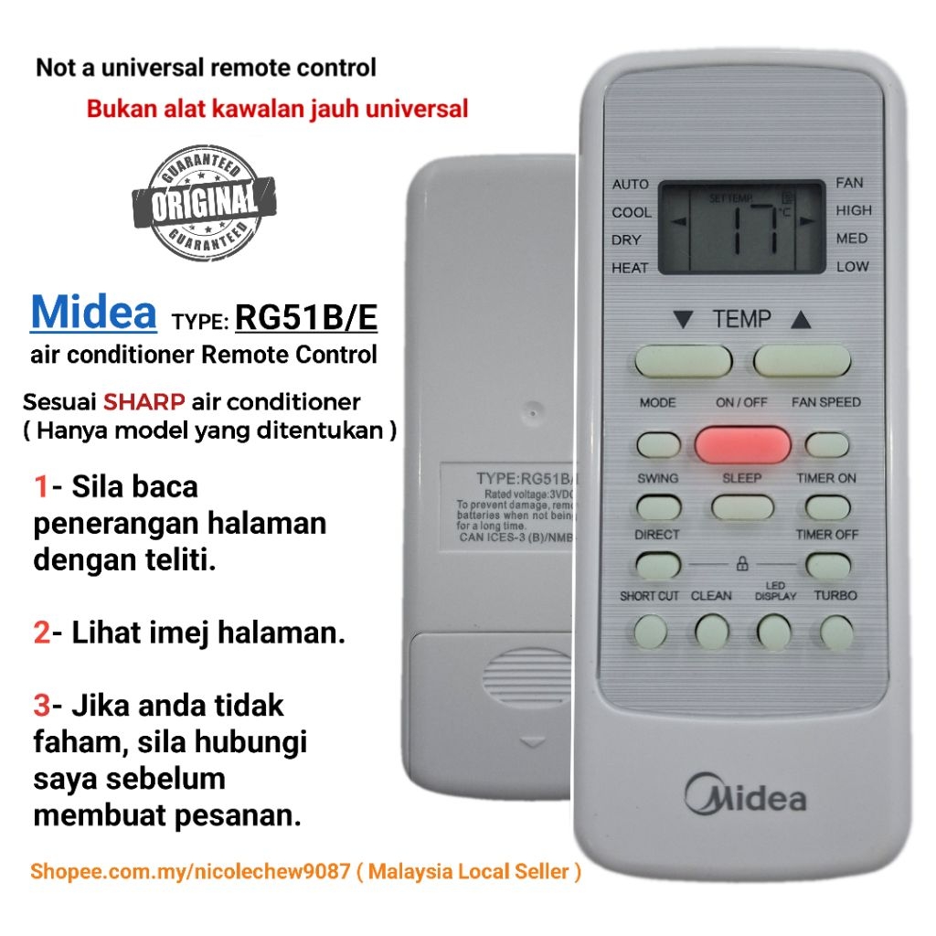 Original Midea RG51B/E air conditioner Remote Control Suitable RG51I4 ...
