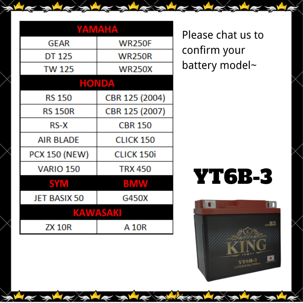 KING BATERI YT6B MOTOR BATTERY RS150 VARIO 150 CBR WR250 CBR125 JET ...