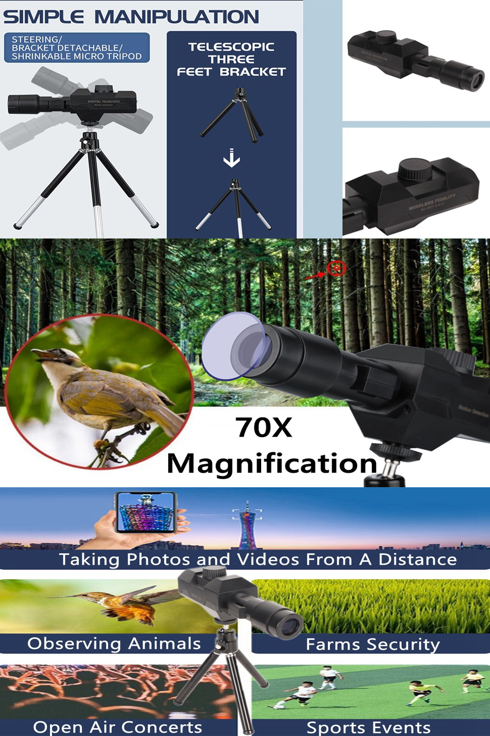 WiFi Digital Telescope 70X Large Aperture Objective Lens 4K Photos ...