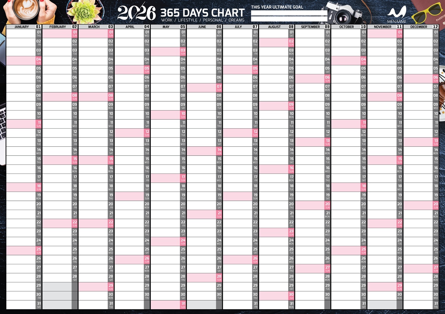 [ 2026 ] Planning Chart Wall Desk Calendar 365 Days KALENDAR CARTA ...