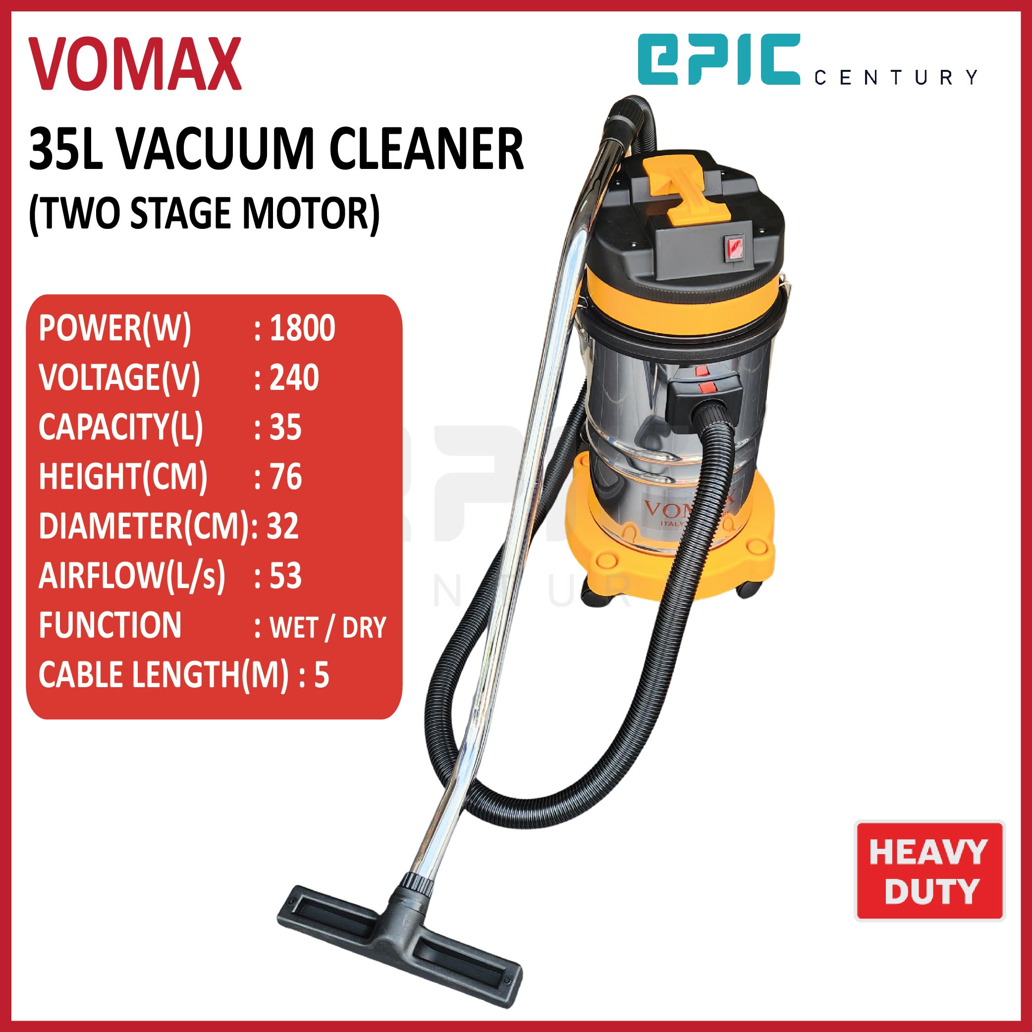 VOMAX 35L INDUSTRIAL VACUUM CLEANER (TWO STAGE MOTOR) 1800W | Shopee ...