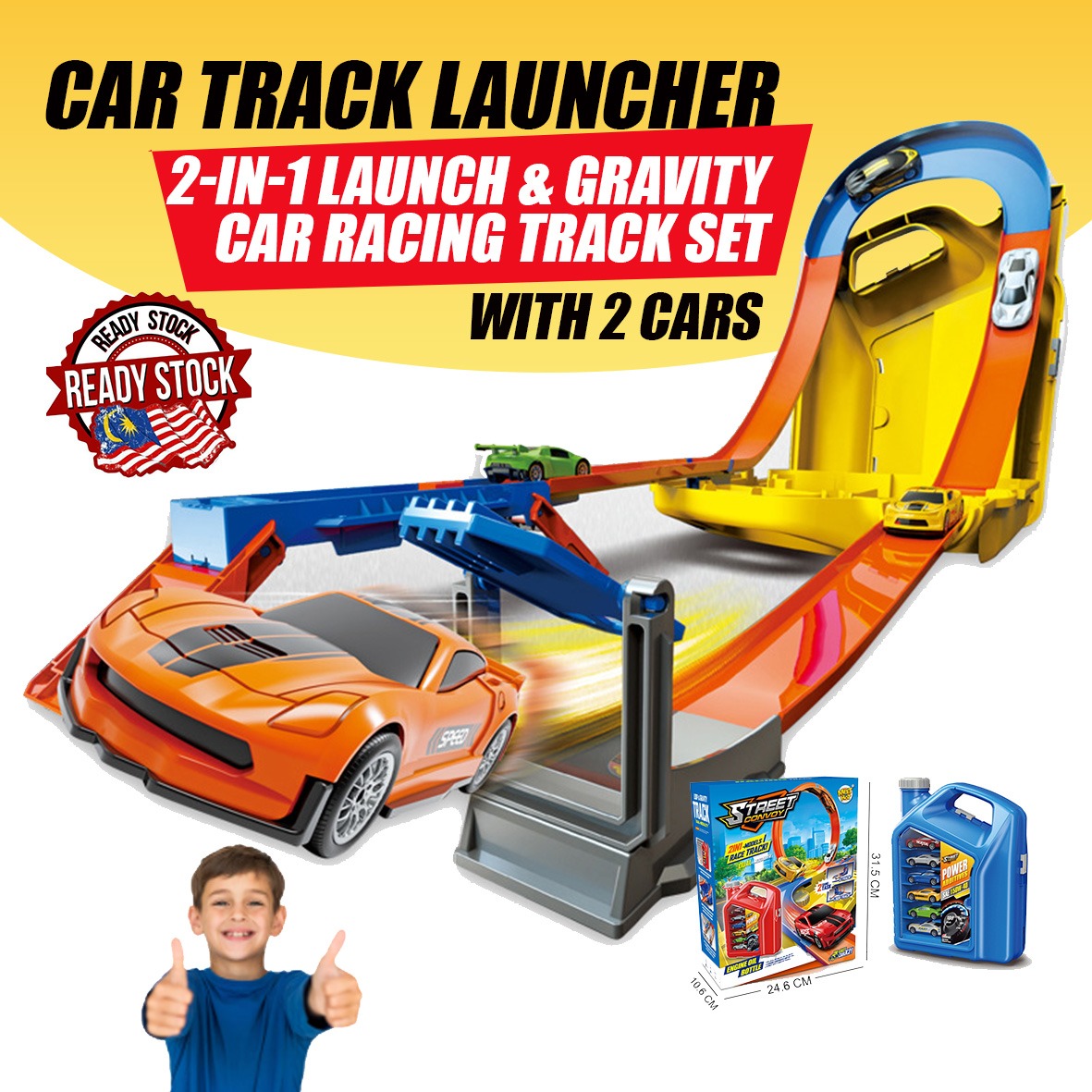 2-in-1 Car Track Launcher Set with Loop & Gravity Booster + 2 Die-Cast ...