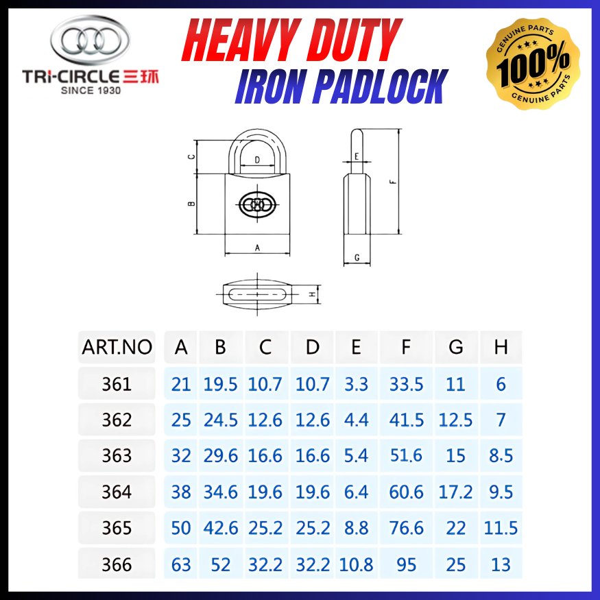 ORIGINAL) TRI-CIRCLE Heavy Duty Short Shackle Polished Iron Padlock ...