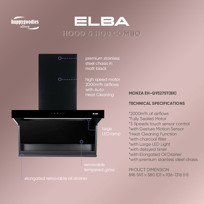 [COMBO SET] Elba Designer Hood MONZA EH-Q9327ST(BK) with Gas Hob ...