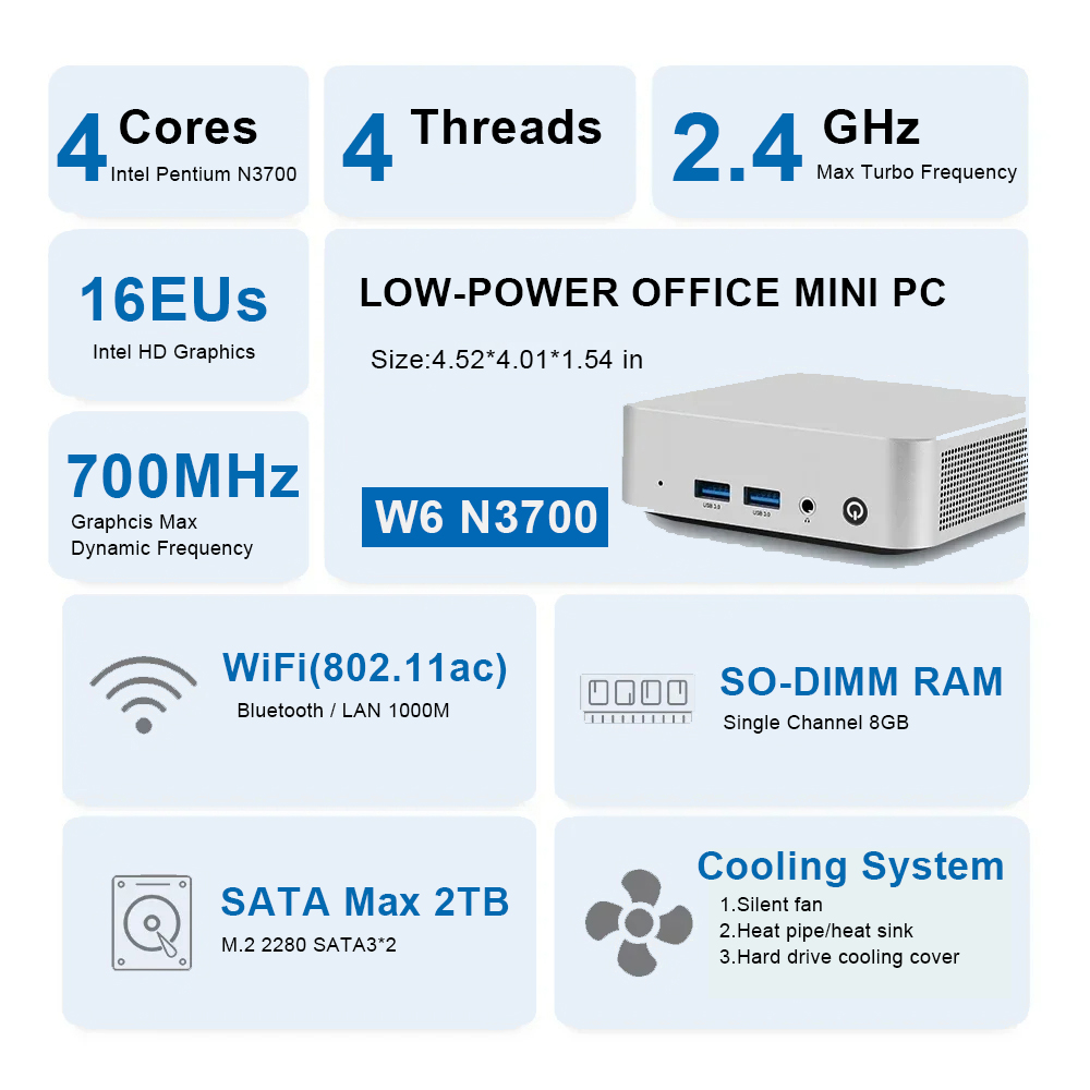 W6 Intel N3700 Windows Mini PC 8GB RAM 2TB SSD Office PC Mini CPU ...