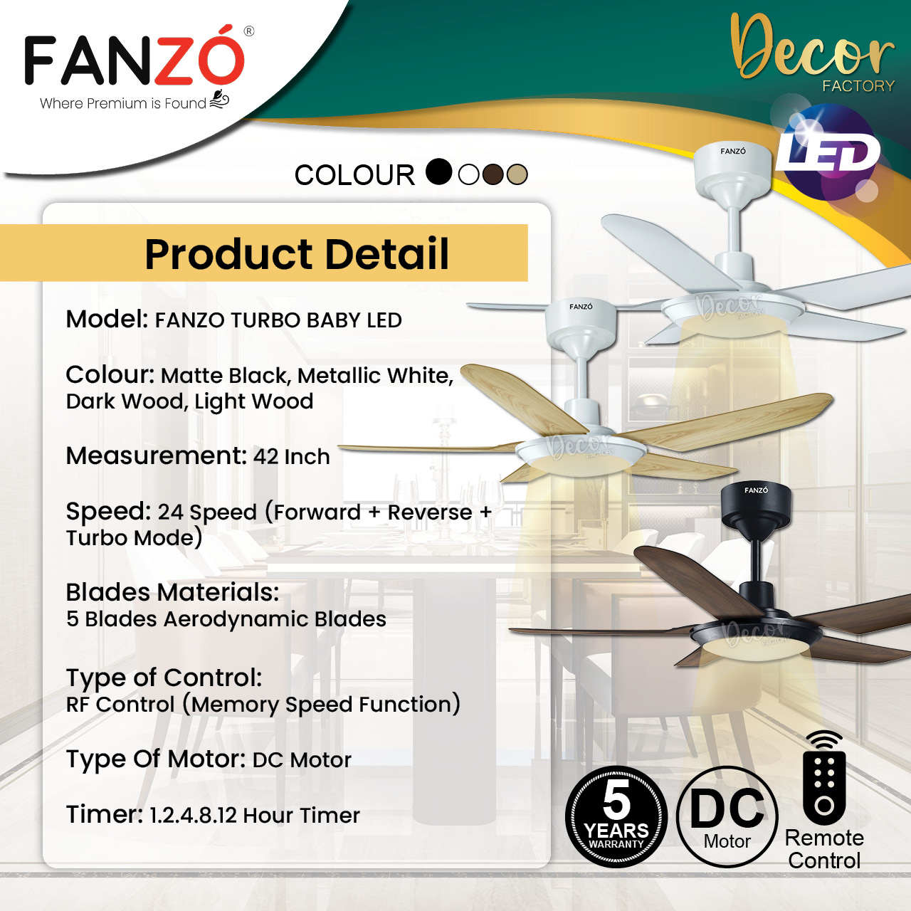 [TWIN PACK] DEKA F5DC LED PRO 56" 46" FANZO TURBO 56" 42" 5 Blades DC ...