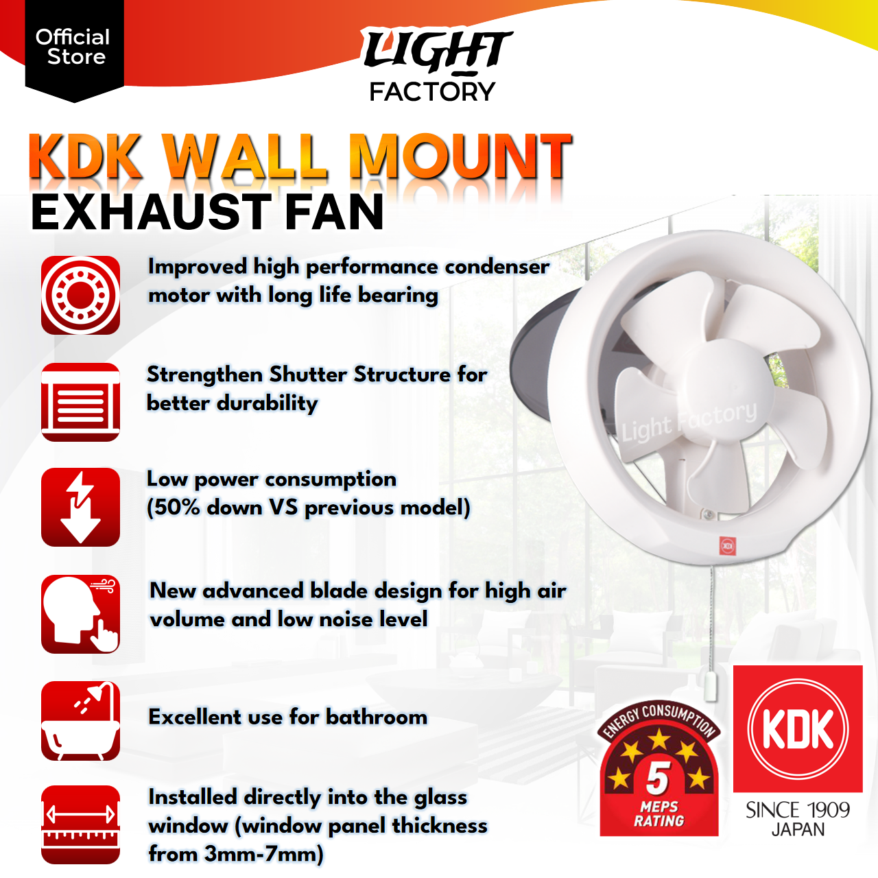 KDK 15WUD 20WUD Glass Mounted Exhaust Ventilating Fan 6" 15WUD 8" 20WUD ...