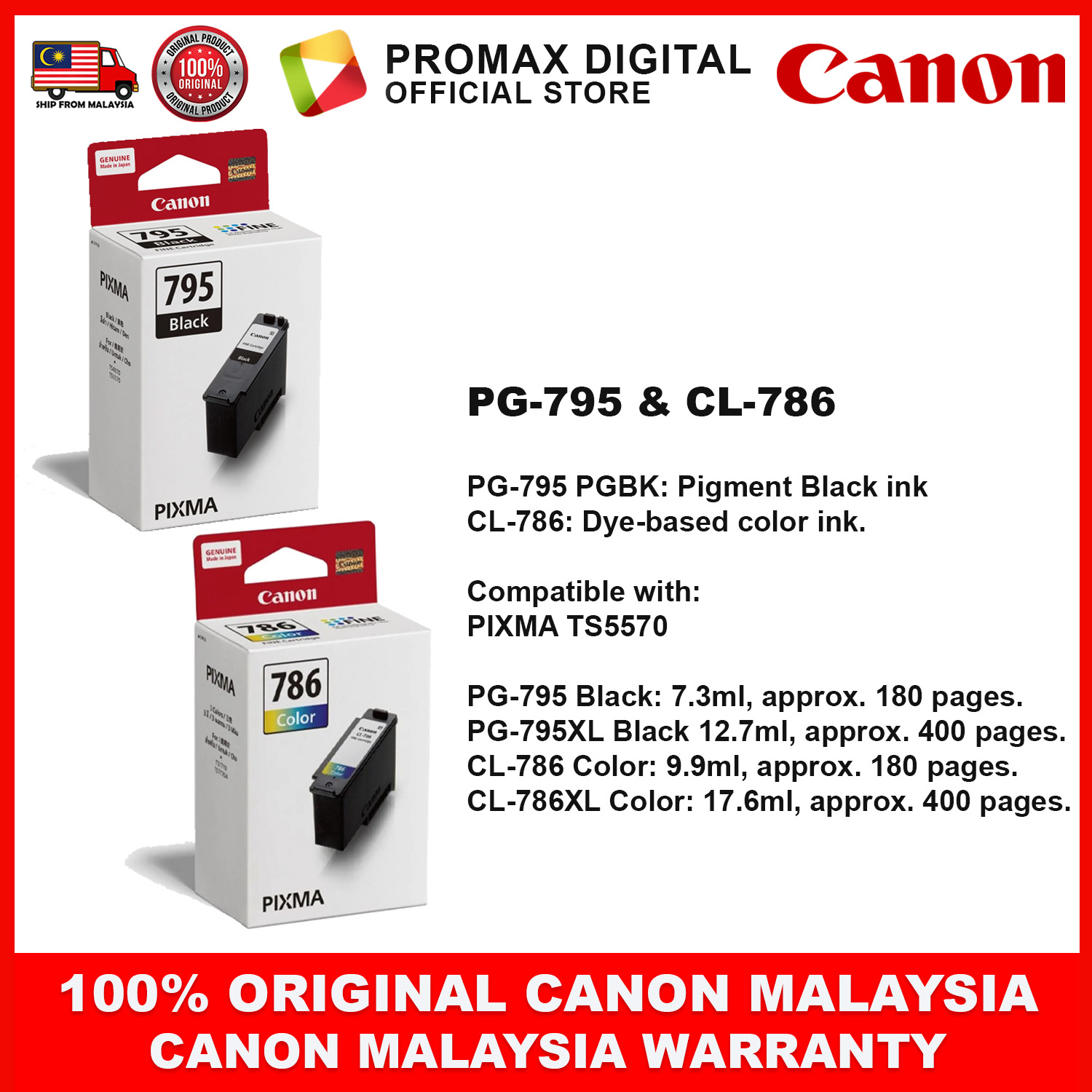 CANON PG-795 CL-786 PG-795XL CL-786XL INK BLACK CYAN MAGENTA YELLOW ...
