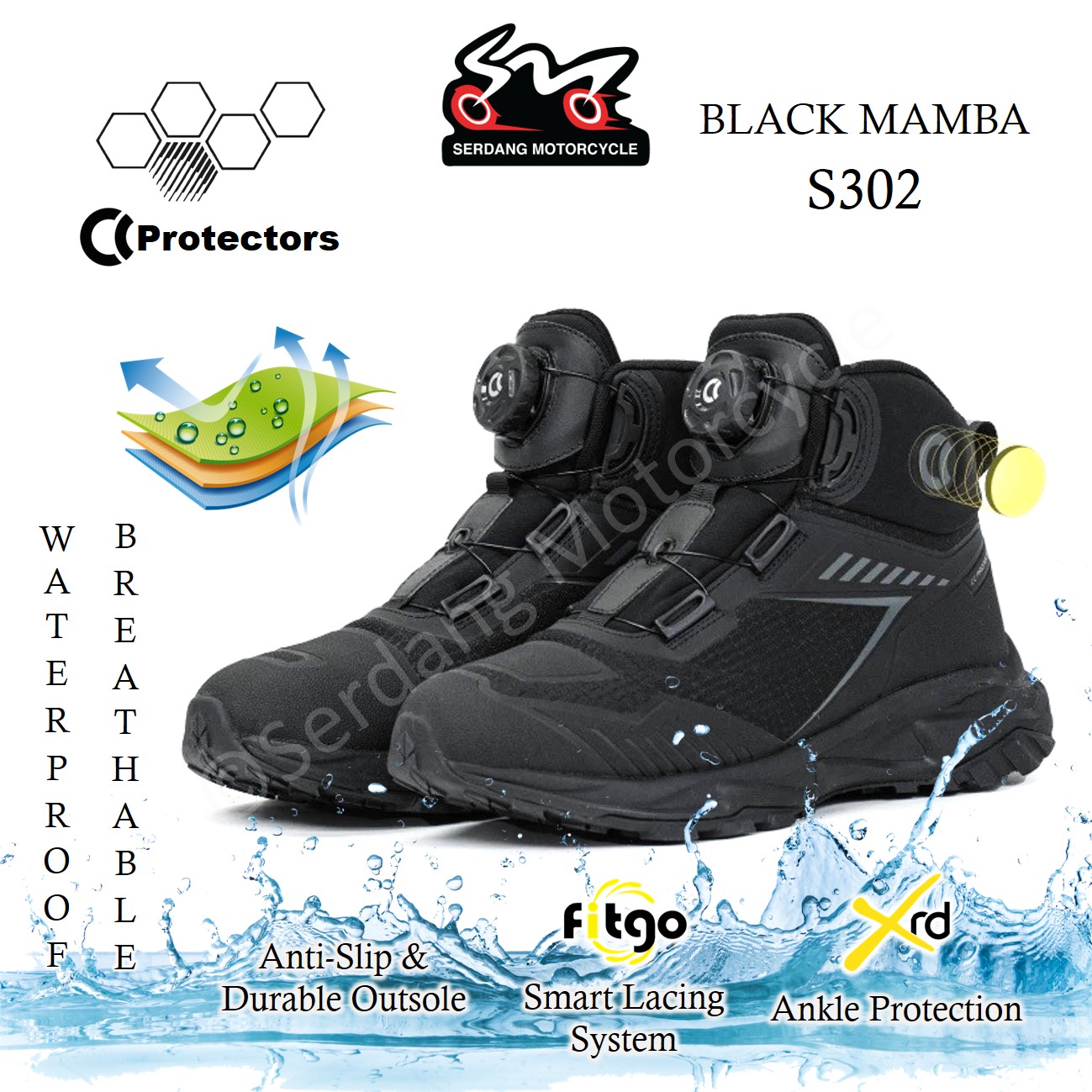 CC PROTECTORS S302 Black Mamba Waterproof Protective Riding Shoe Boots ...