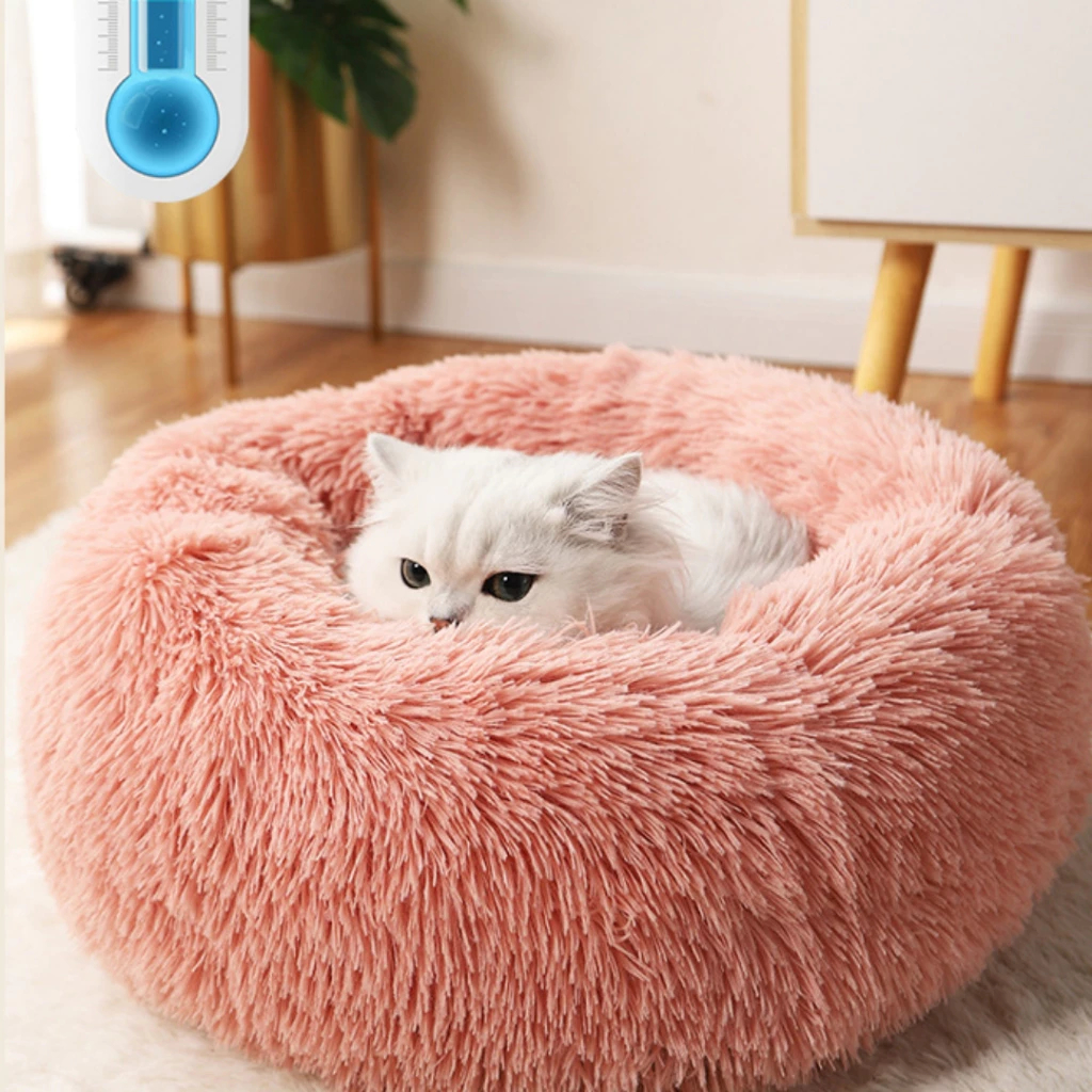 Fluffy Round Cat & Dog Bed Warm Plush Pet Nest Non-Slip Base Washable ...
