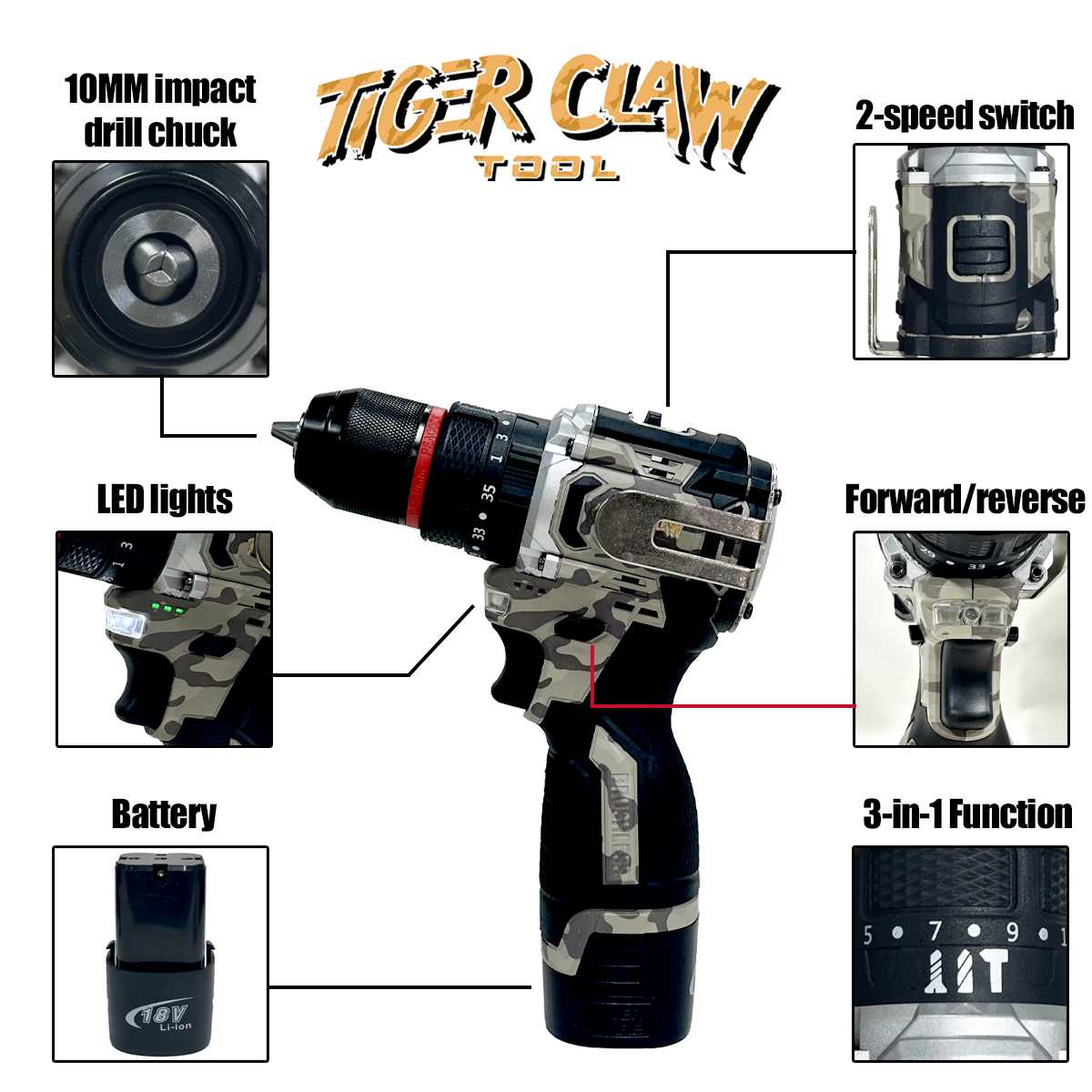 Tiger Claw Tool Brushless Impact Drill Set Cordless Drill Battery Drill ...