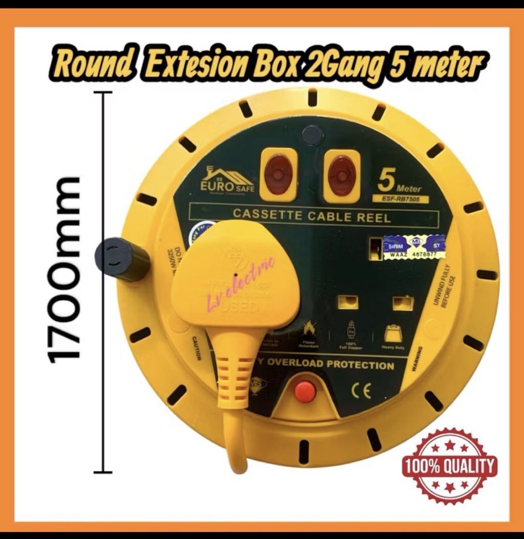 SIRIM EUROSAFE 5 METER 2 GANG CASSETTE CABLE RELL EXTENSION ROUND BOX ...