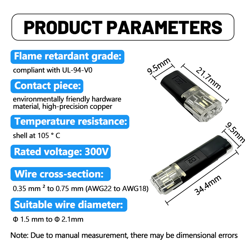 2-Pin Electrical Connector Plug, Non-Stripping Quick Clip, 300V 9A for ...
