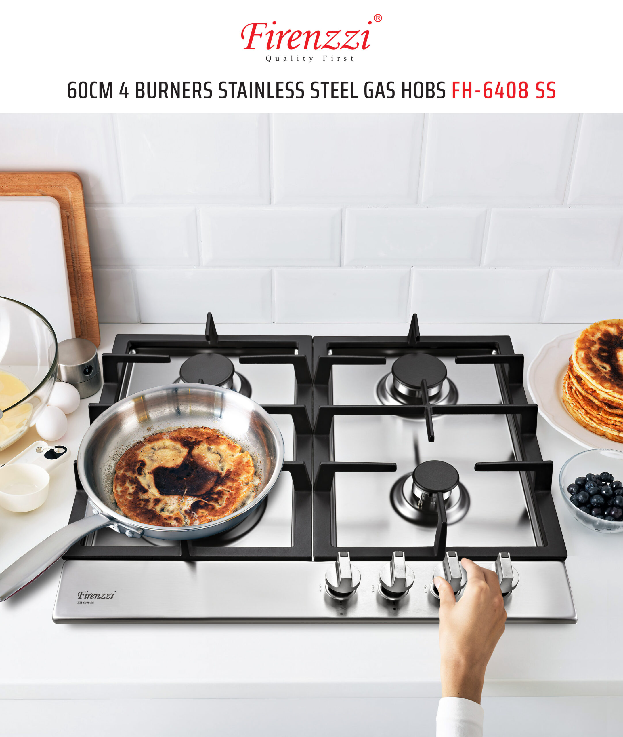 Firenzzi FH-6408 SS 60CM Gas Hob Built-In Stainless Steel Hob 4 Burners ...