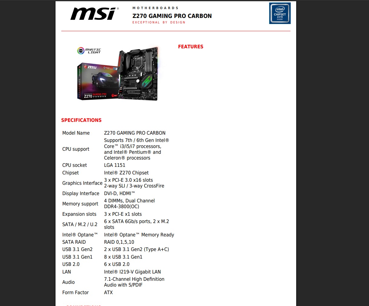 MSI Z270 Pro Gaming Carbon ATX Motherboard LGA1151 DDR4 USB3.1 RGB ...
