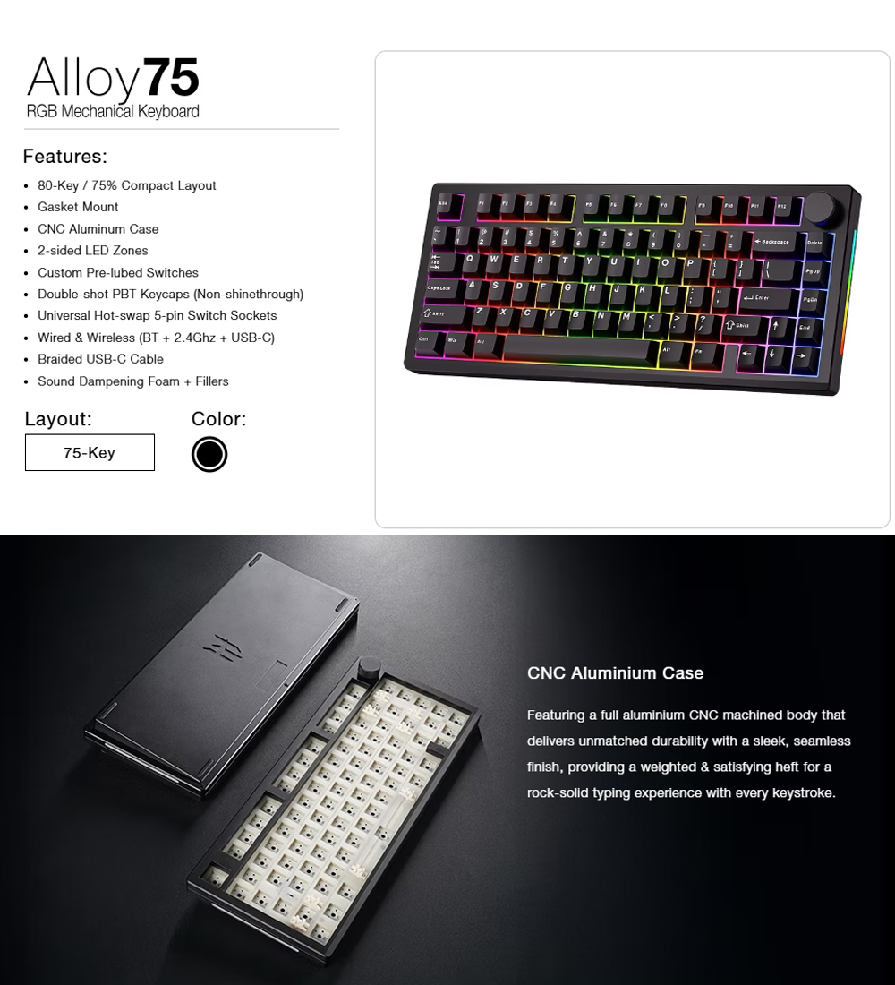 TECWARE Alloy 75 Wireless RGB Gaming Keyboard with Full CNC Aluminum ...