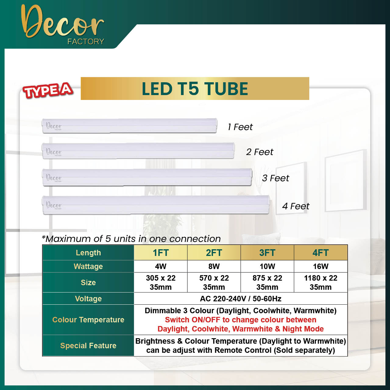 [2PCS/4PCS Bundle] LED T5 Tube Light Dimmable With Remote Control 3C DL ...
