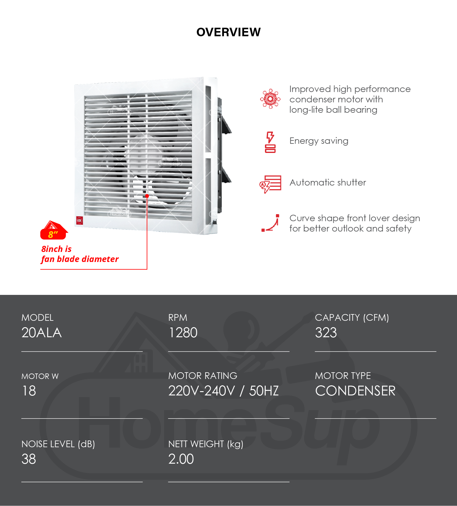 KDK 20Ala Exhaust Fan – 8 Inch fan blade, Wall Mounted with Louver, Ala ...