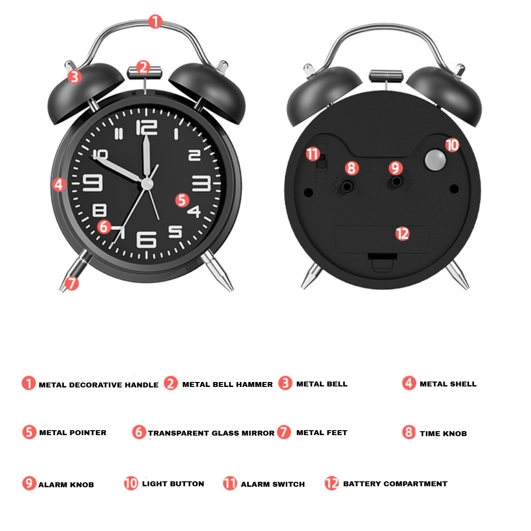 4 Inches Classic Retro Alarm Clock Twin Bell Mini Loud Analogue Bedside ...