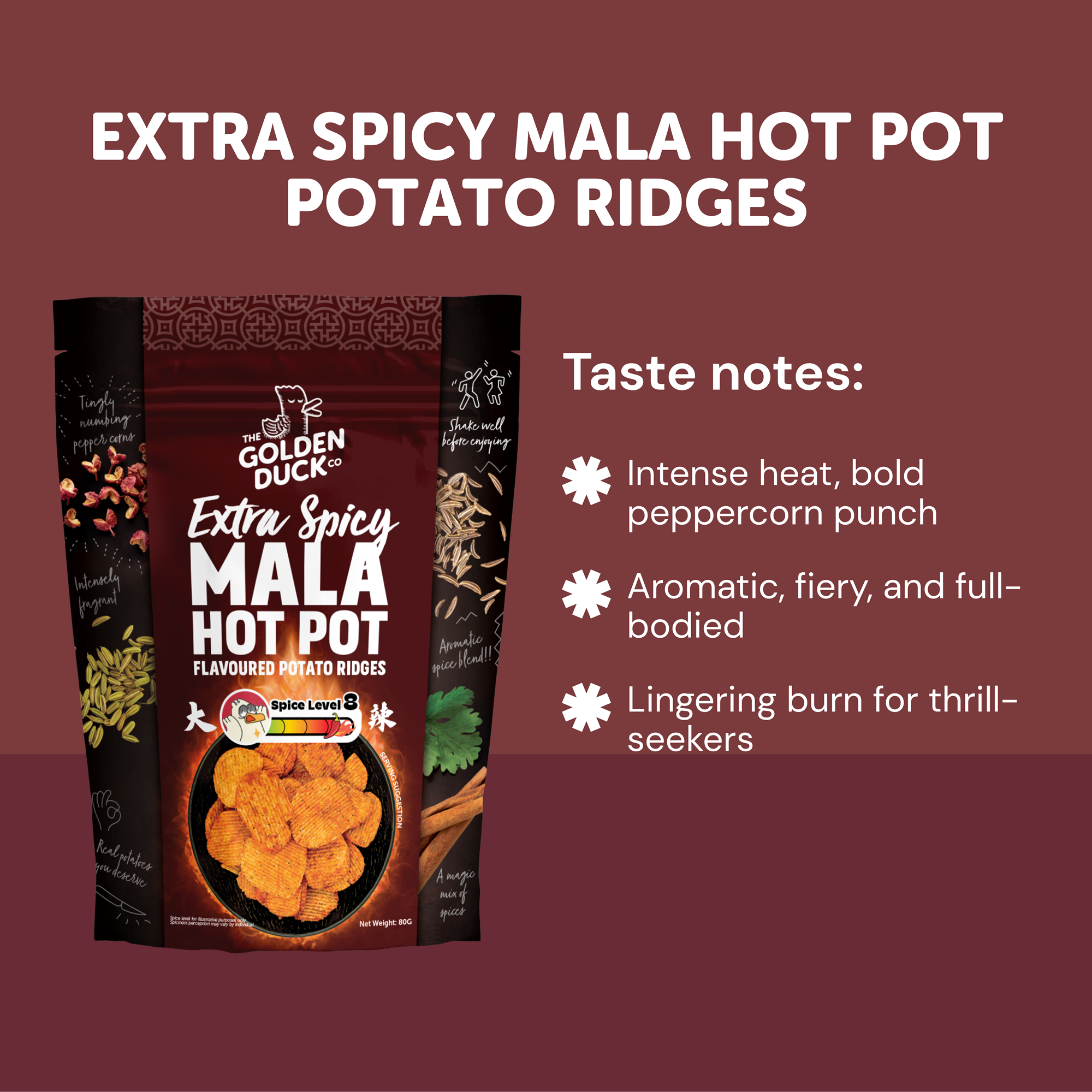 The Golden Duck Extra Spicy Mala Hot Pot Flavoured Potato Ridges | Wave ...