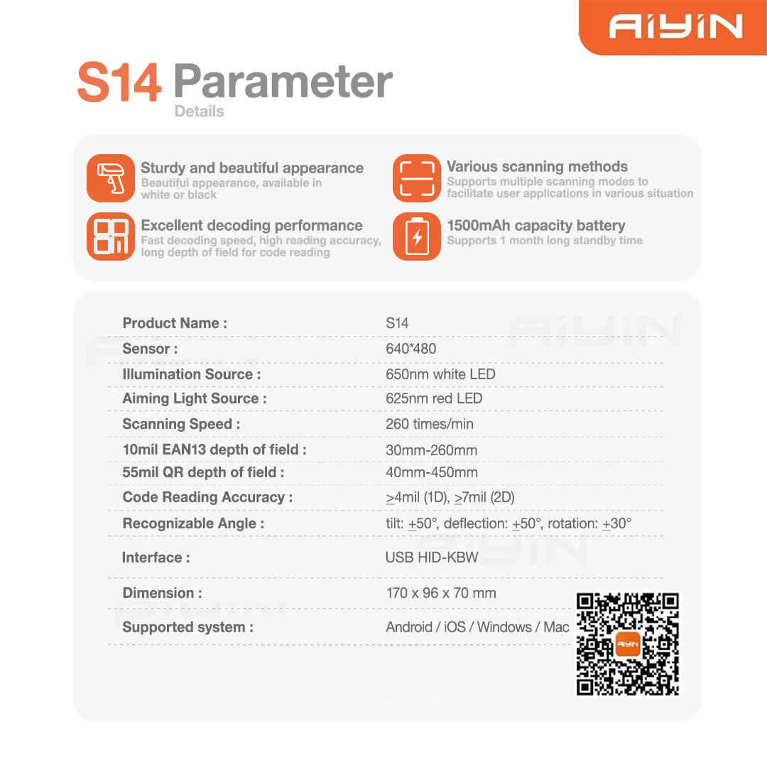 COD Scanner Wireless USB 1D 2D barcode support IOS Android S14 AiYin ...