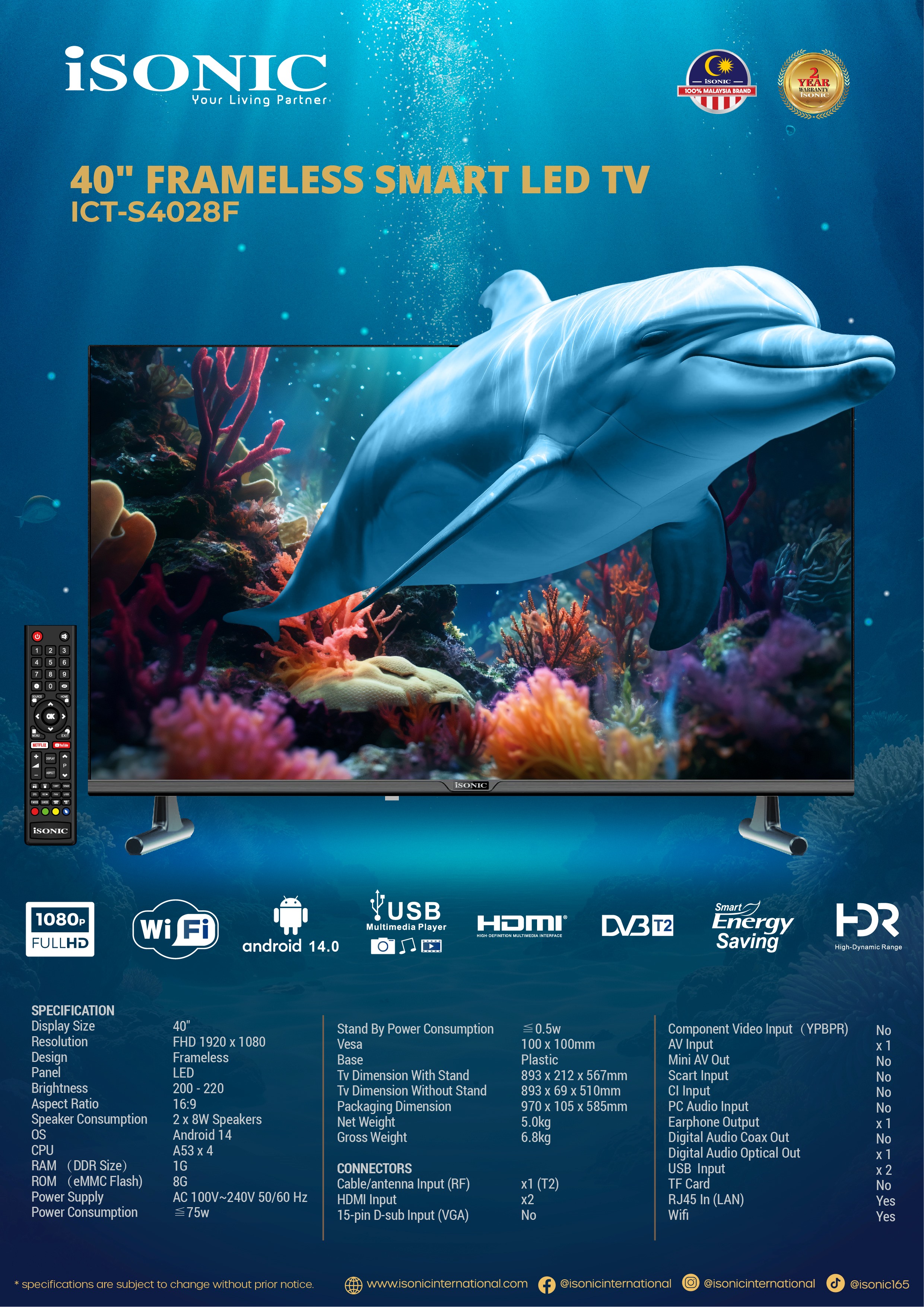 Isonic 32“/40“ Frameless Android Smart LED TV ICT-S3228F/ICT-S4028F ...