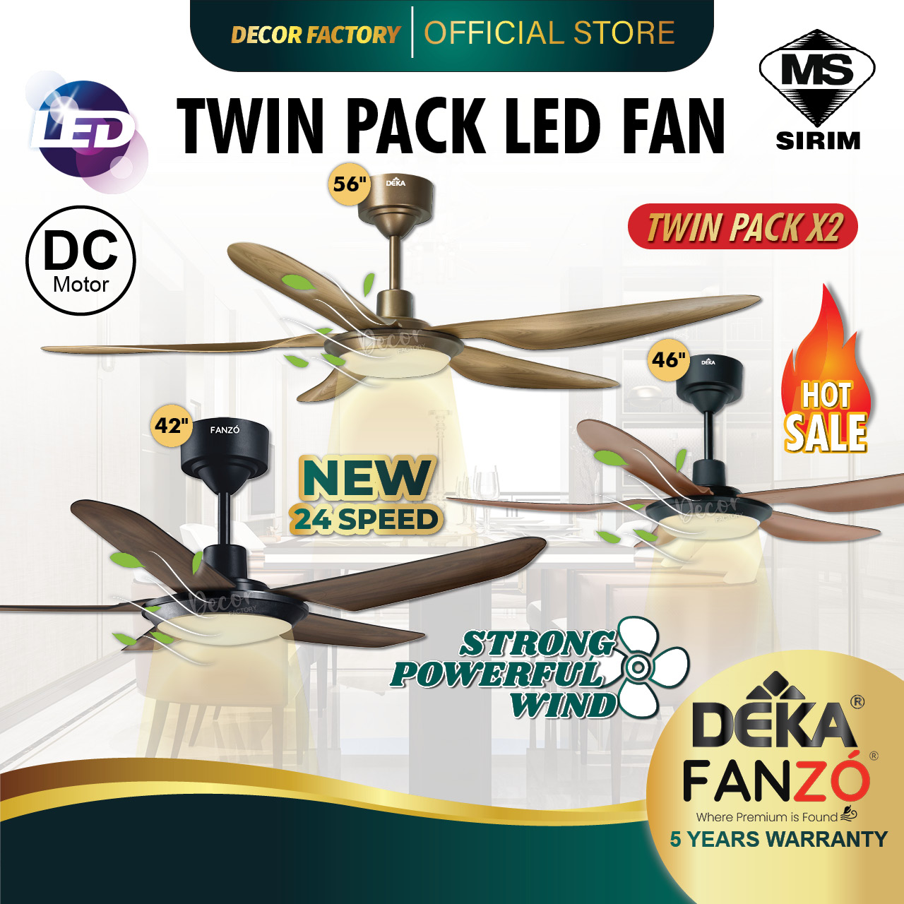 [TWIN PACK] DEKA F5DC LED PRO 56" 46" FANZO TURBO 56" 42" 5 Blades DC ...