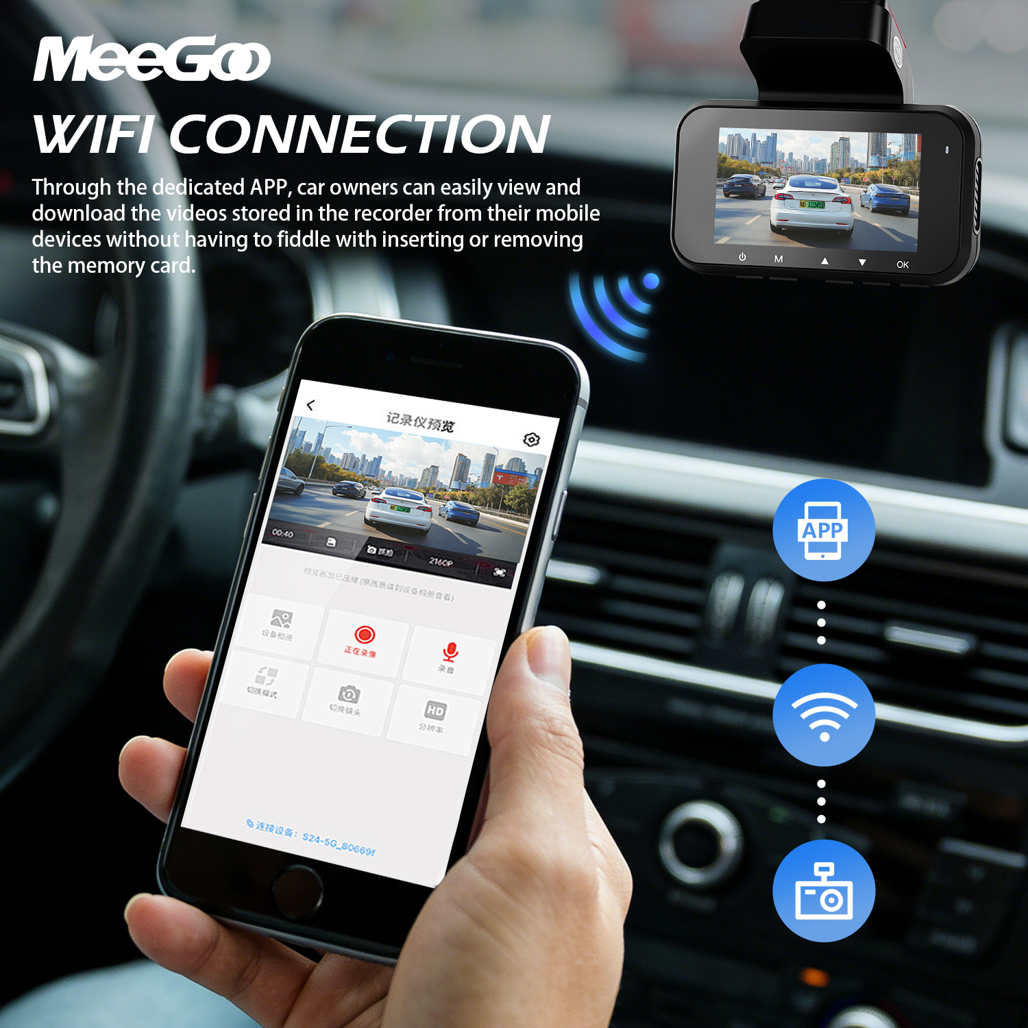 MeeGoo Dashcam 2K Resolution WiFi App Control Type Built in GPS Night ...