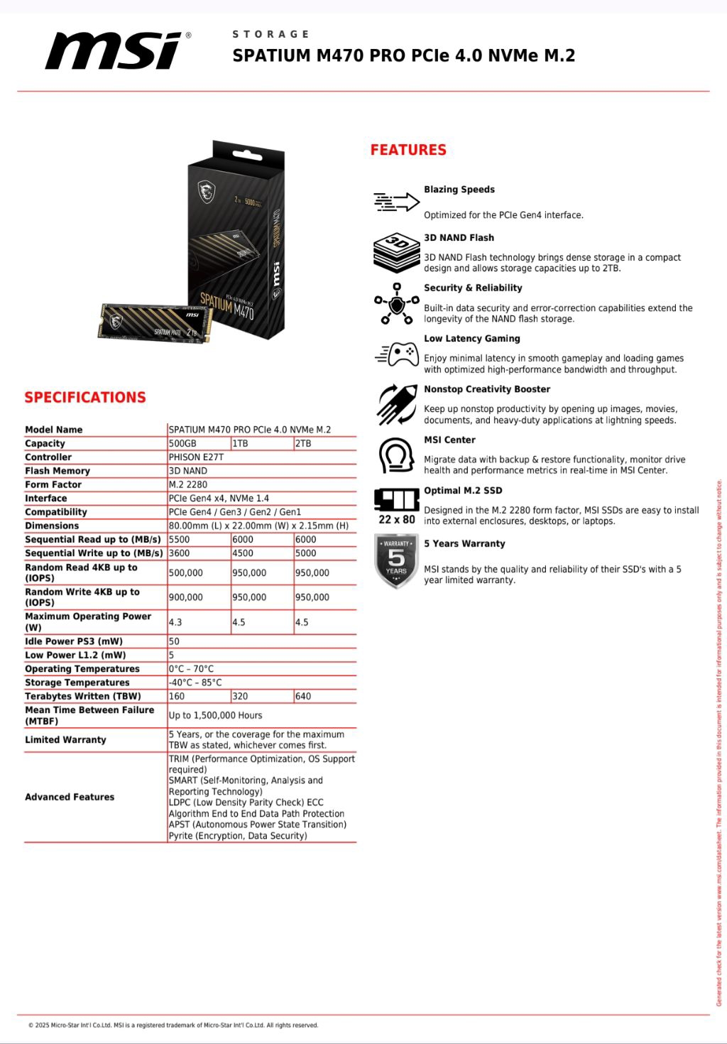 MSI SPATIUM M470 PRO PCIE4X4 NVME SSD 1TB M.2 2280 | Shopee Malaysia