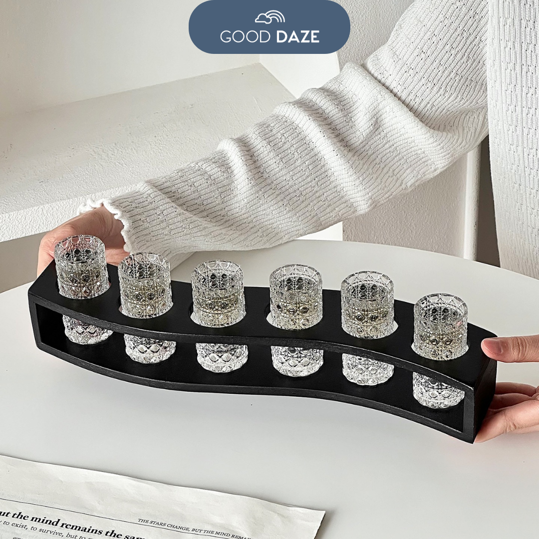 GOOD DAZE Crystal Shot Glass ACRYLIC WOODEN SHOT TRAY Set Spirit ...