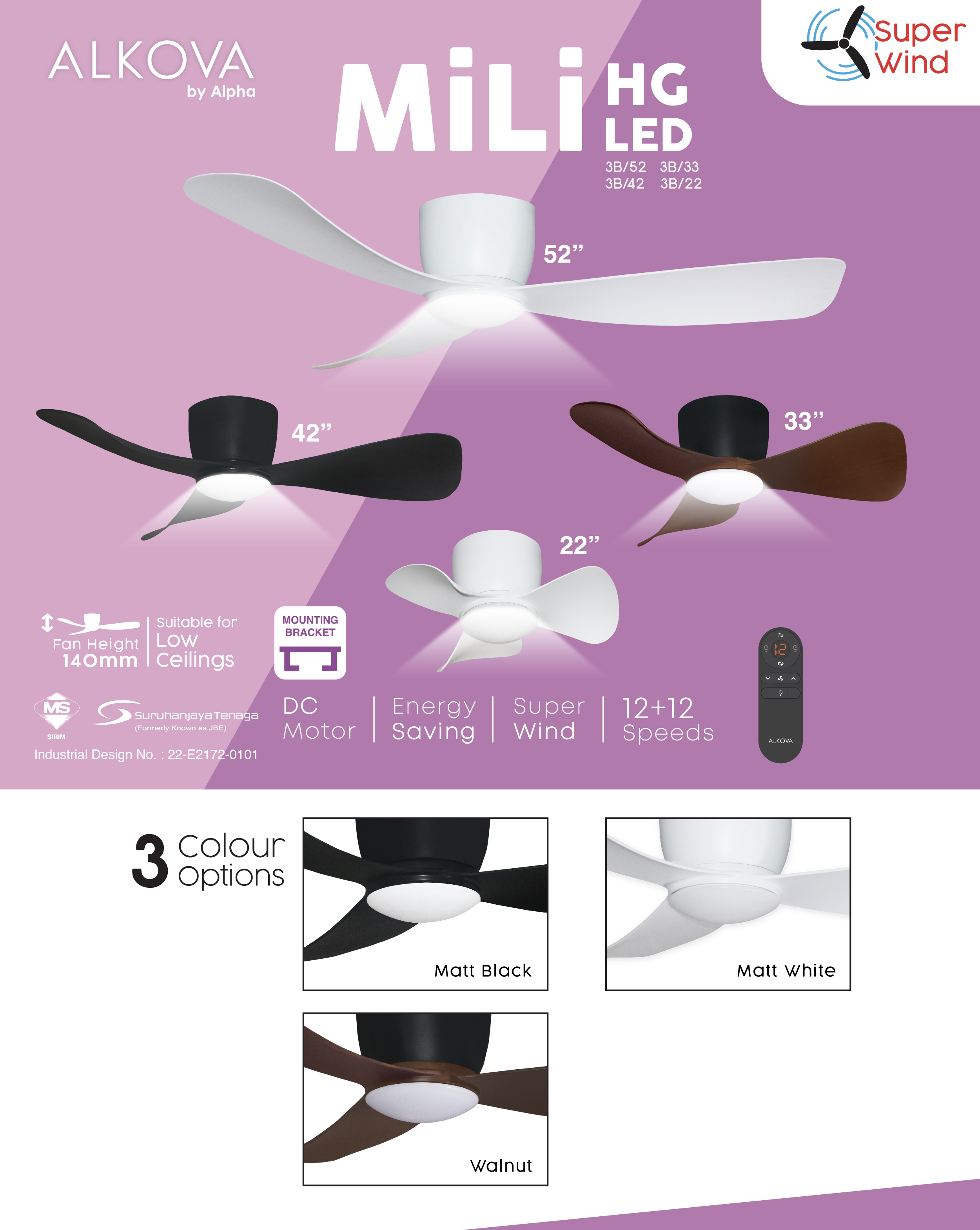ALPHA Alkova MILI HG LED 3B DC Motor Ceiling Fan with 3 Blades 12 Speed ...