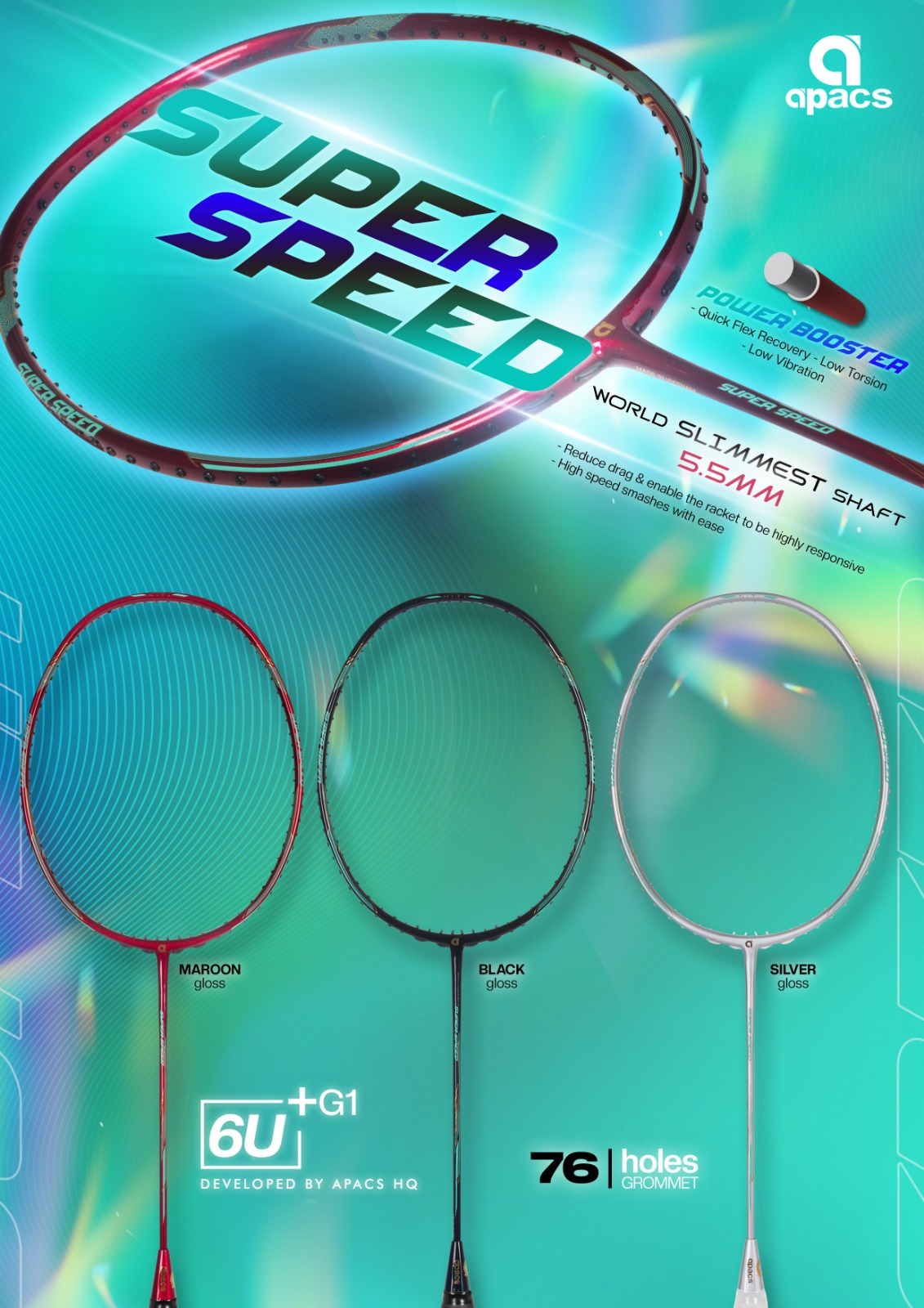 APACS SUPER SPEED baddminton Racket WORLD'S SLIMMEST SHAFT 5.5mm (100% ...