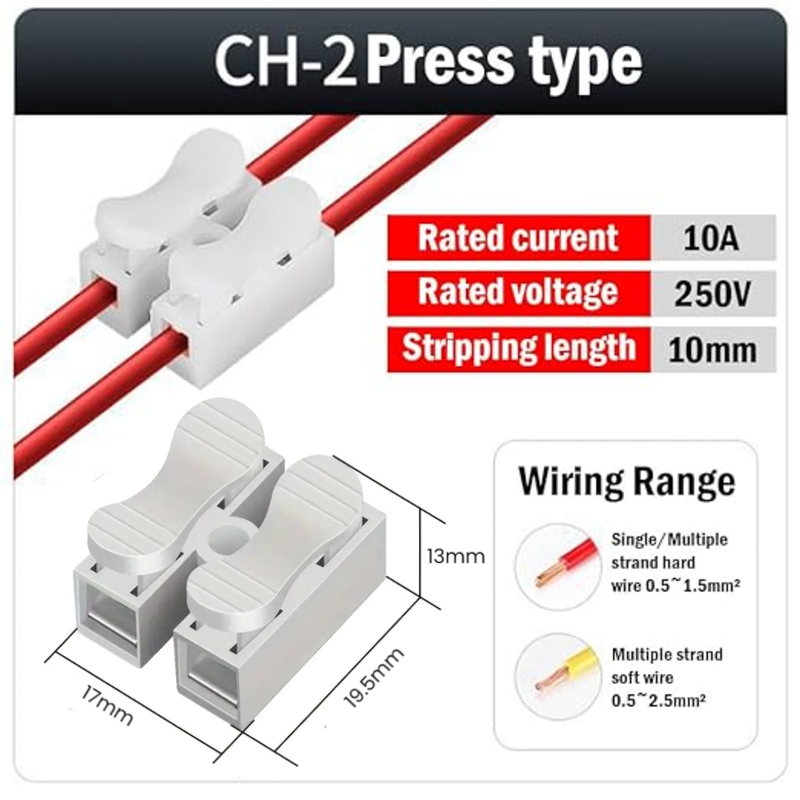 CH-2 Wire Cable Quick Connectors 2-in 2-out Easy, Quick & Safe Wiring ...