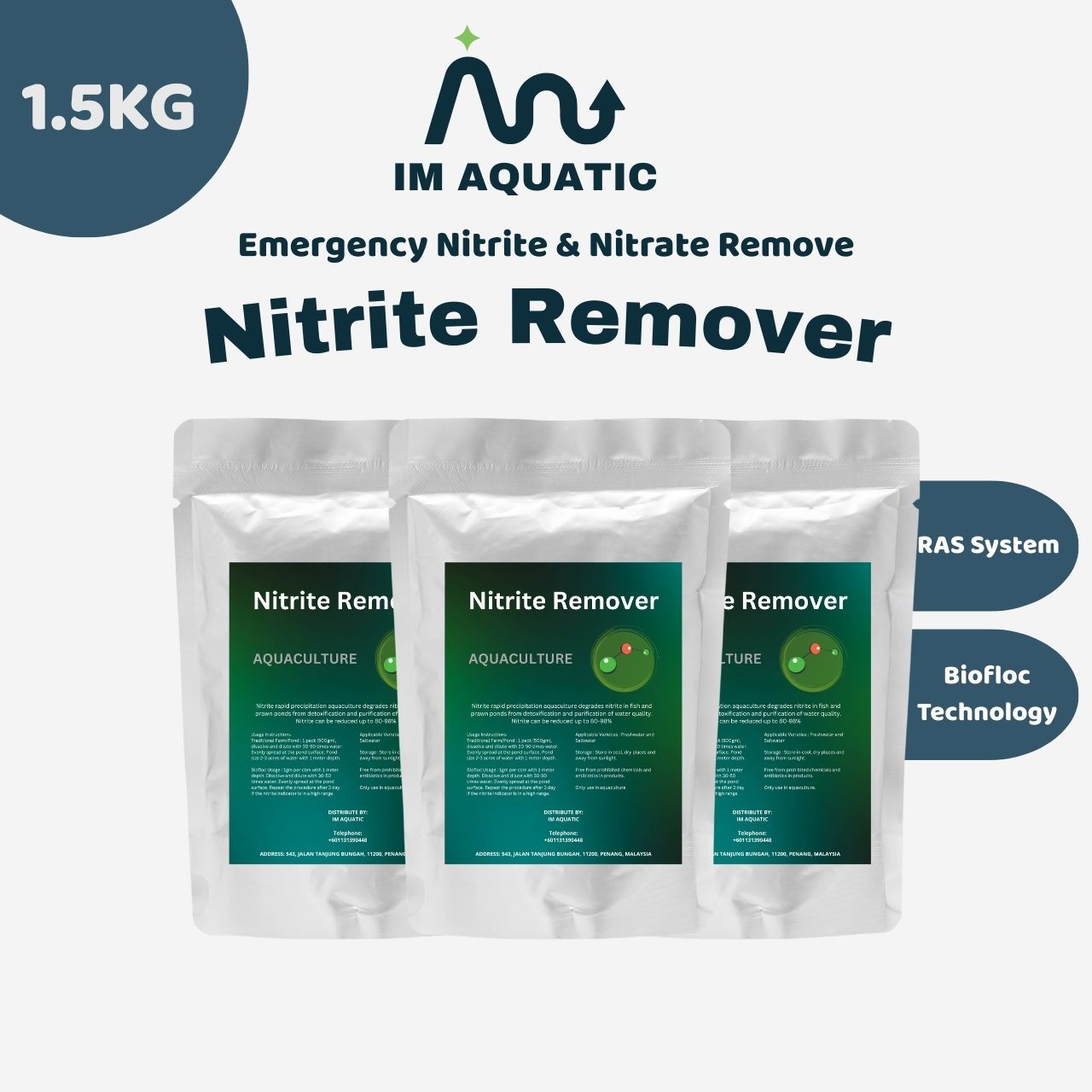 IM AQUATIC Nitrite Remover 500g x 3 Pack for Biofloc Aquaculture & RAS ...