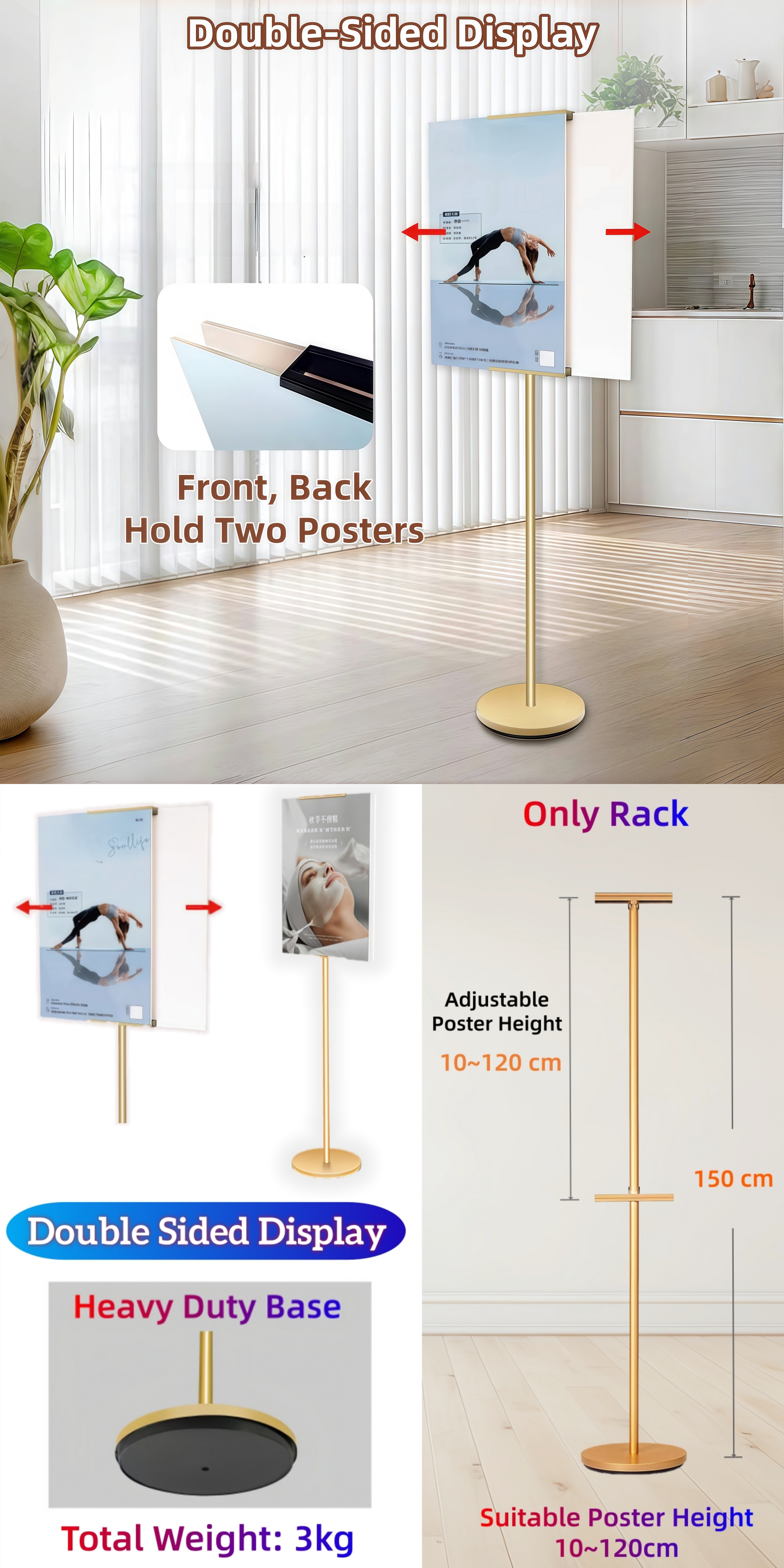 Poster Stand Heavy Base Signboard Stand Golden Display Easel Adjustable ...