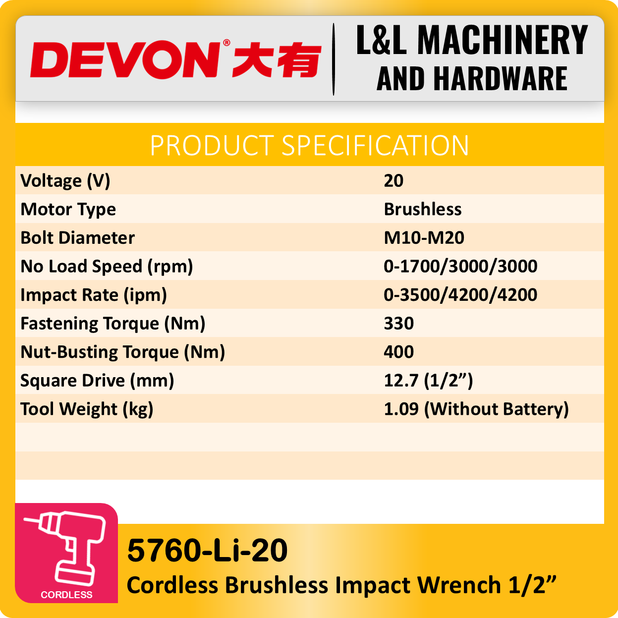 DEVON 5760-Li-20 20V Brushless Cordless Impact Wrench 12.7mm (1/2 ...