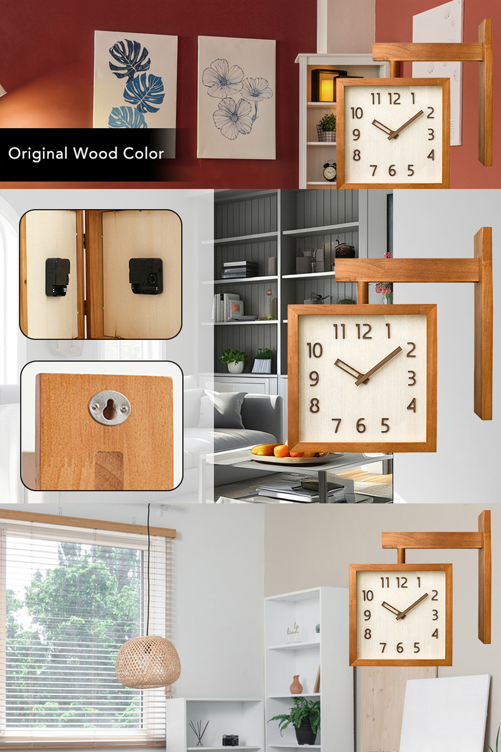 Double-Sided Wall Clock Wood Modern Minimalist Living Room Clock Home ...
