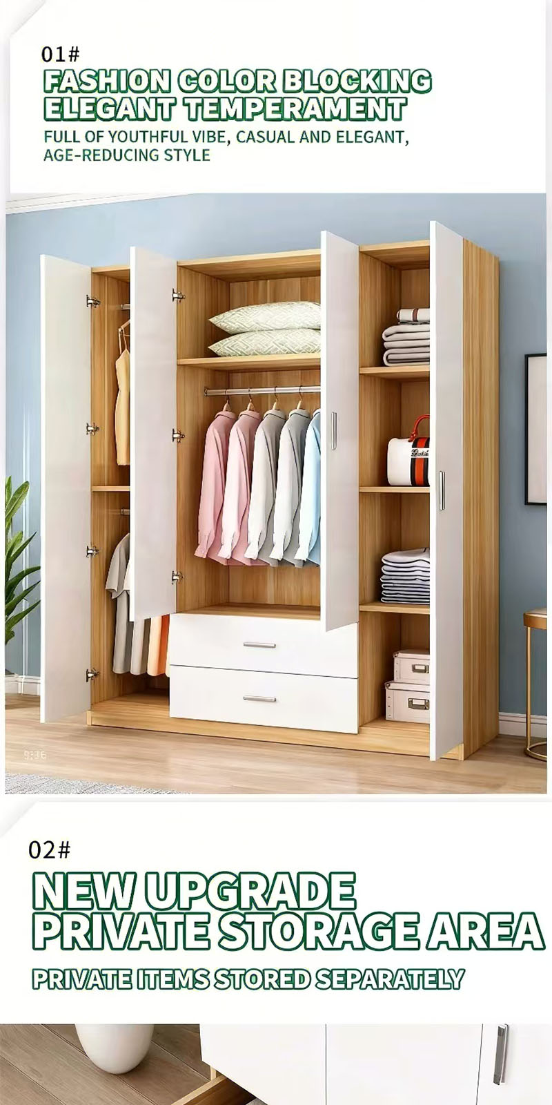 CM-[175CM]Almari Baju Wardrobe Clothes With Drawers Large Storage Wood ...
