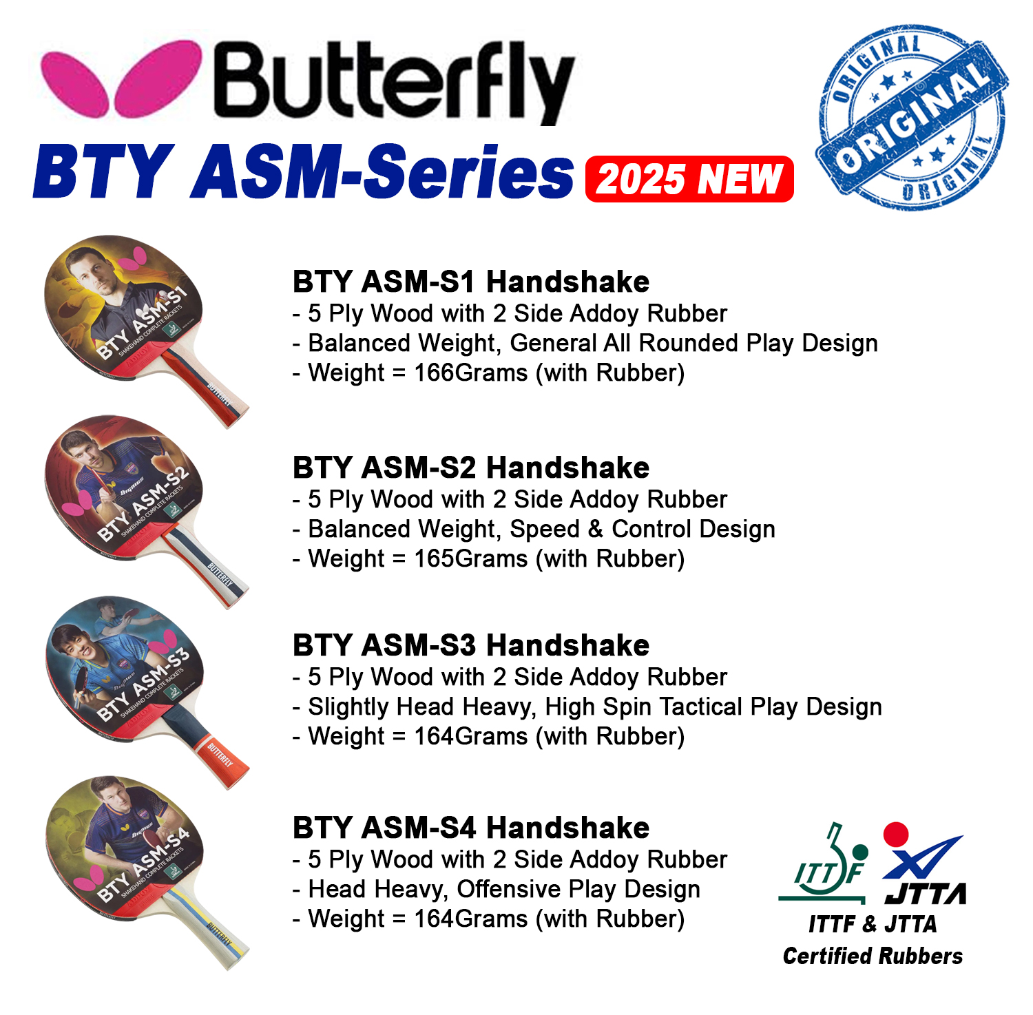 [100% Original] BUTTERFLY ASM Table Tennis Bat with Addoy Rubber S1 S2 ...