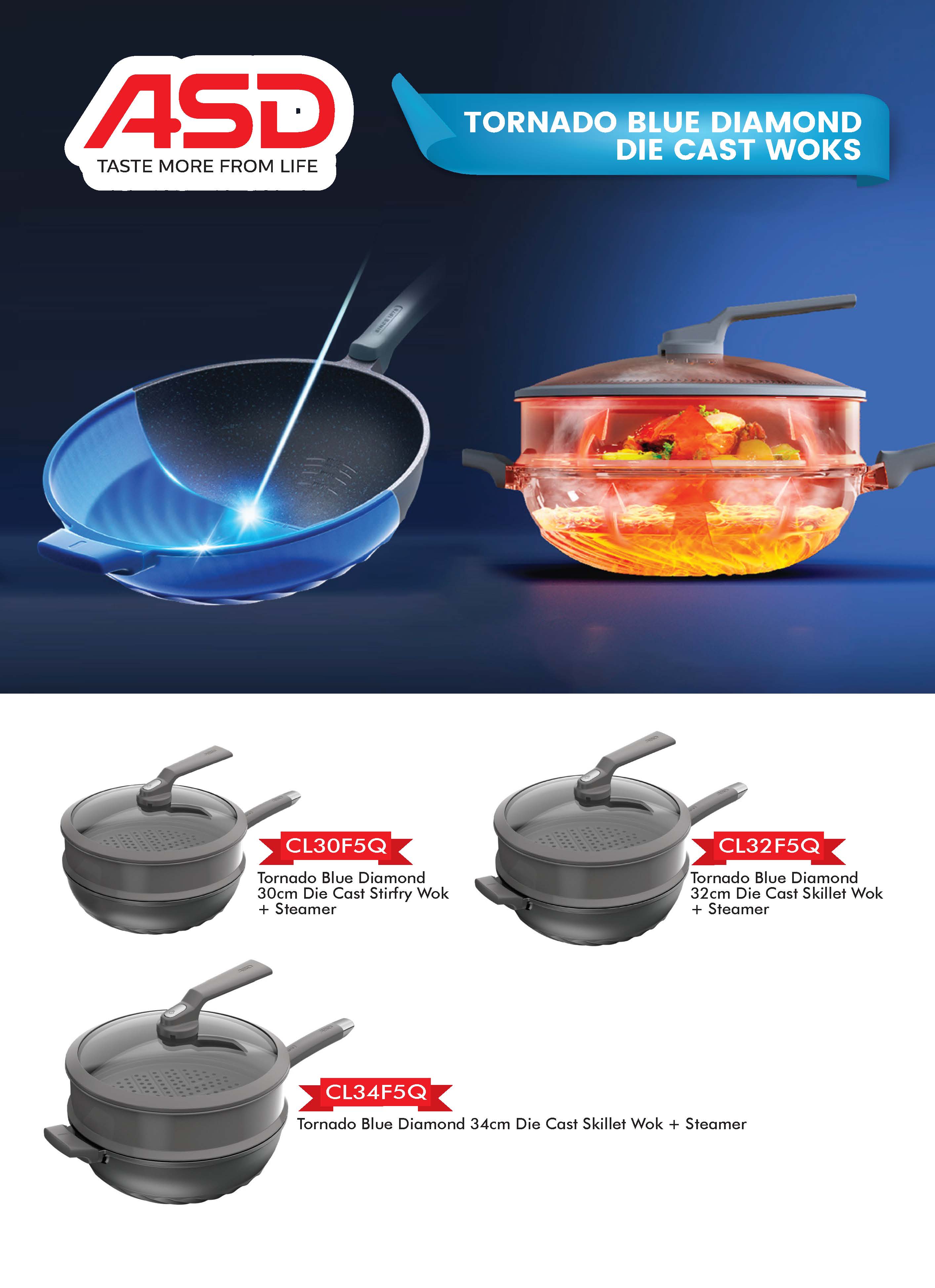 ASD Tornado Blue Diamond 32cm IH Die Cast Skillet Wok Pan + Steamer ...