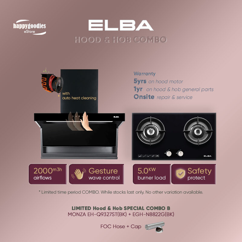 [COMBO SET] Elba Designer Hood MONZA EH-Q9327ST(BK) with Gas Hob ...