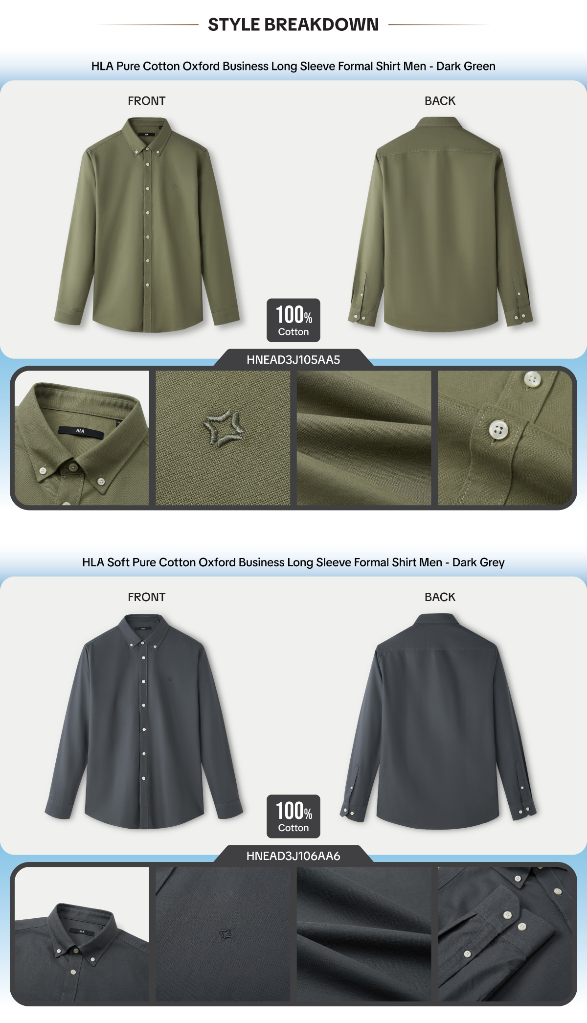 HLA Pure Cotton Oxford Fabric Soft Business Long Sleeve Formal Shirt ...