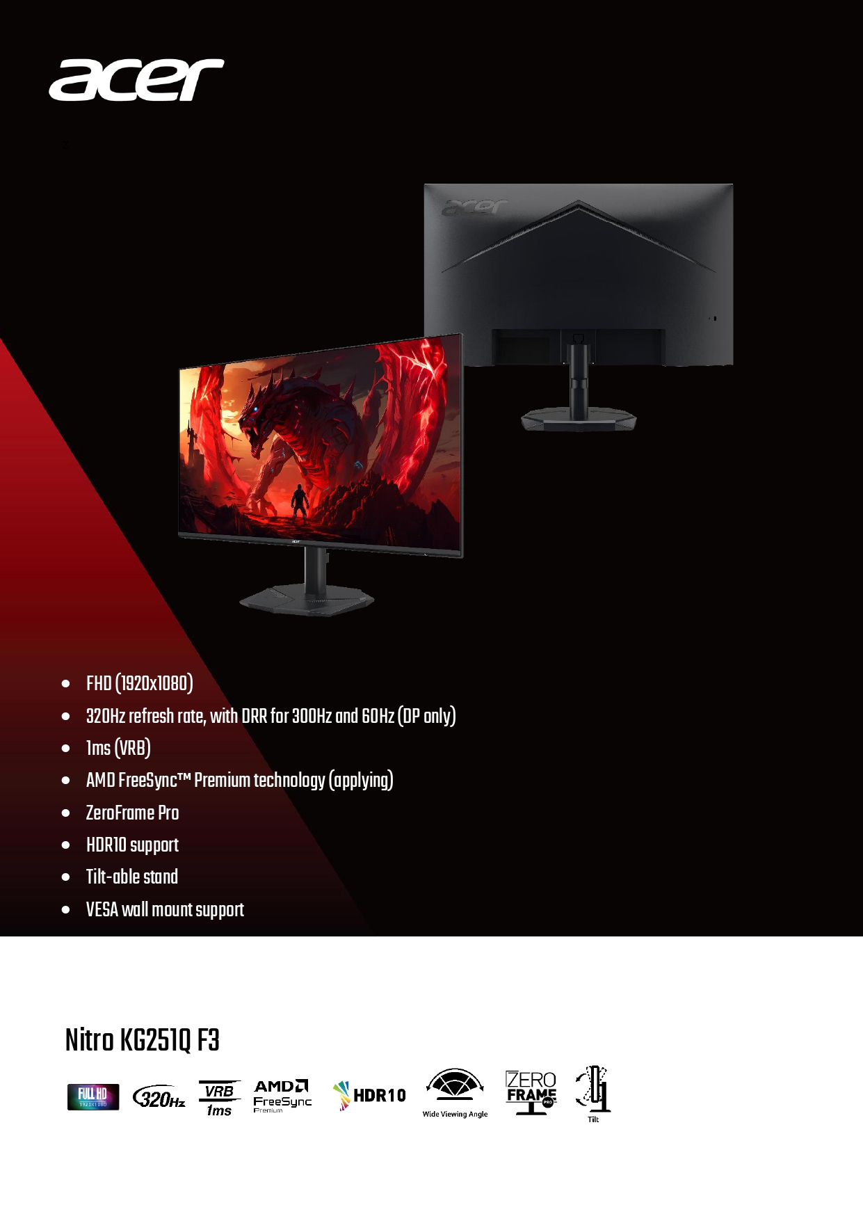 ACER NITRO KG251Q X0 / KG251Q F3 24.5" GAMING MONITOR ( 24.5" FHD / AMD ...