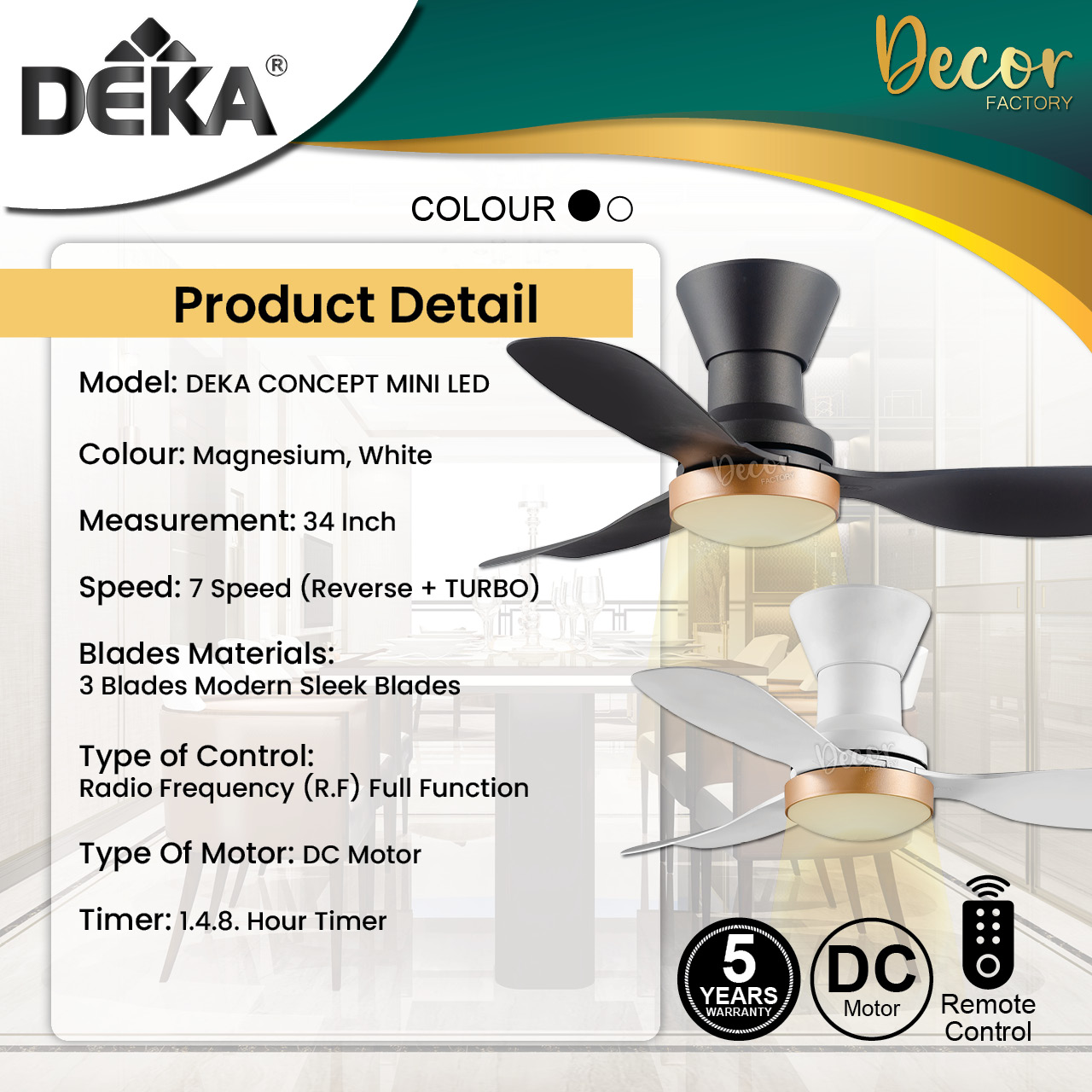 DEKA Fan DEKA CONCEPT MINI LED 34" 3 Blades 14 Speed DC Motor Remote ...
