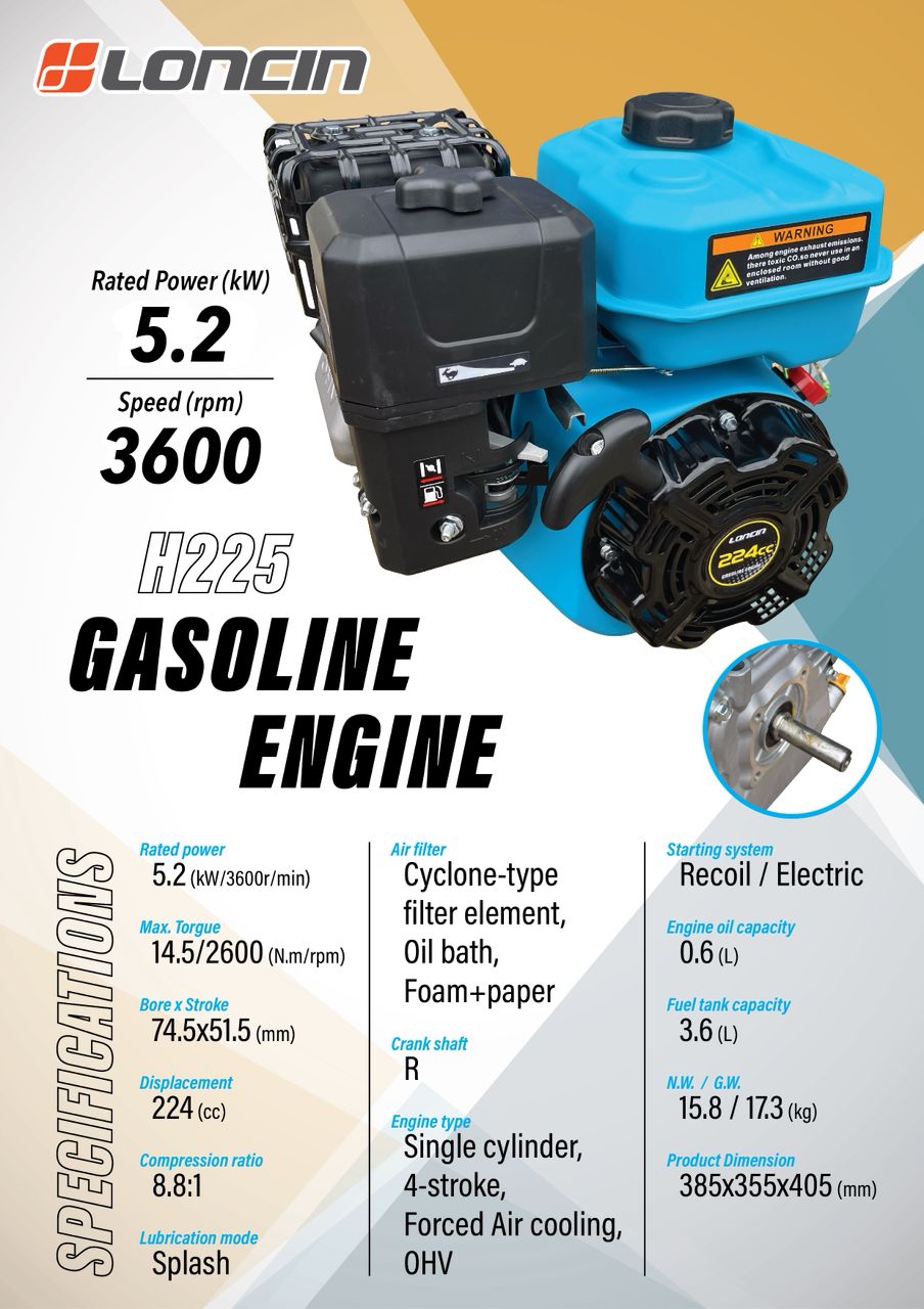 SENCI SC230 223CC/7.5HP GASOLINE ENGINE LONCIN H225 8HP GASOLINE ENGINE ...