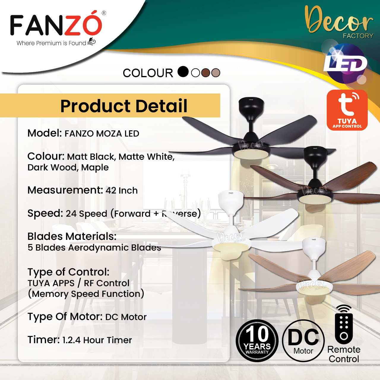 🔥NEW WIFI FAN🔥FANZO MOZA 42 LED 42 Inch 5 Blades 24 Speed Forward ...