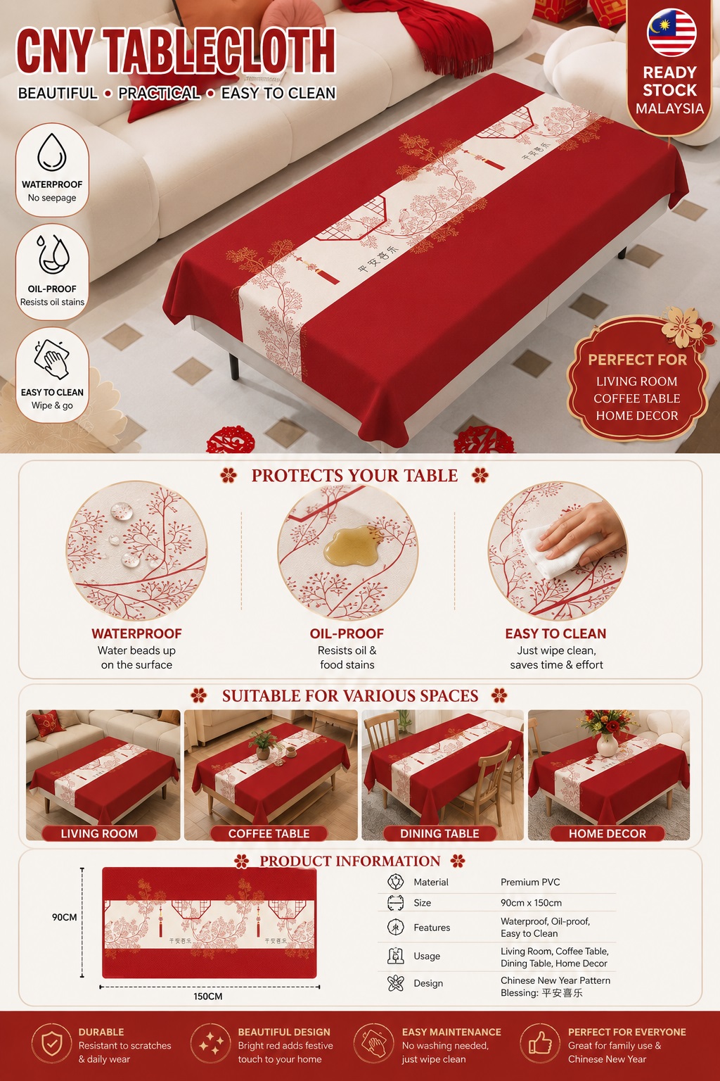 CNY Red PVC Tablecloth 90x150cm Waterproof Oil-Proof Easy Wipe Kain ...