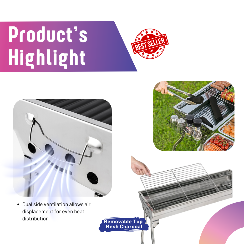 60cm Portable Folding BBQ Grill Stainless Steel Portable BBQ Grill Outdoor Barbecue Charcoal ...