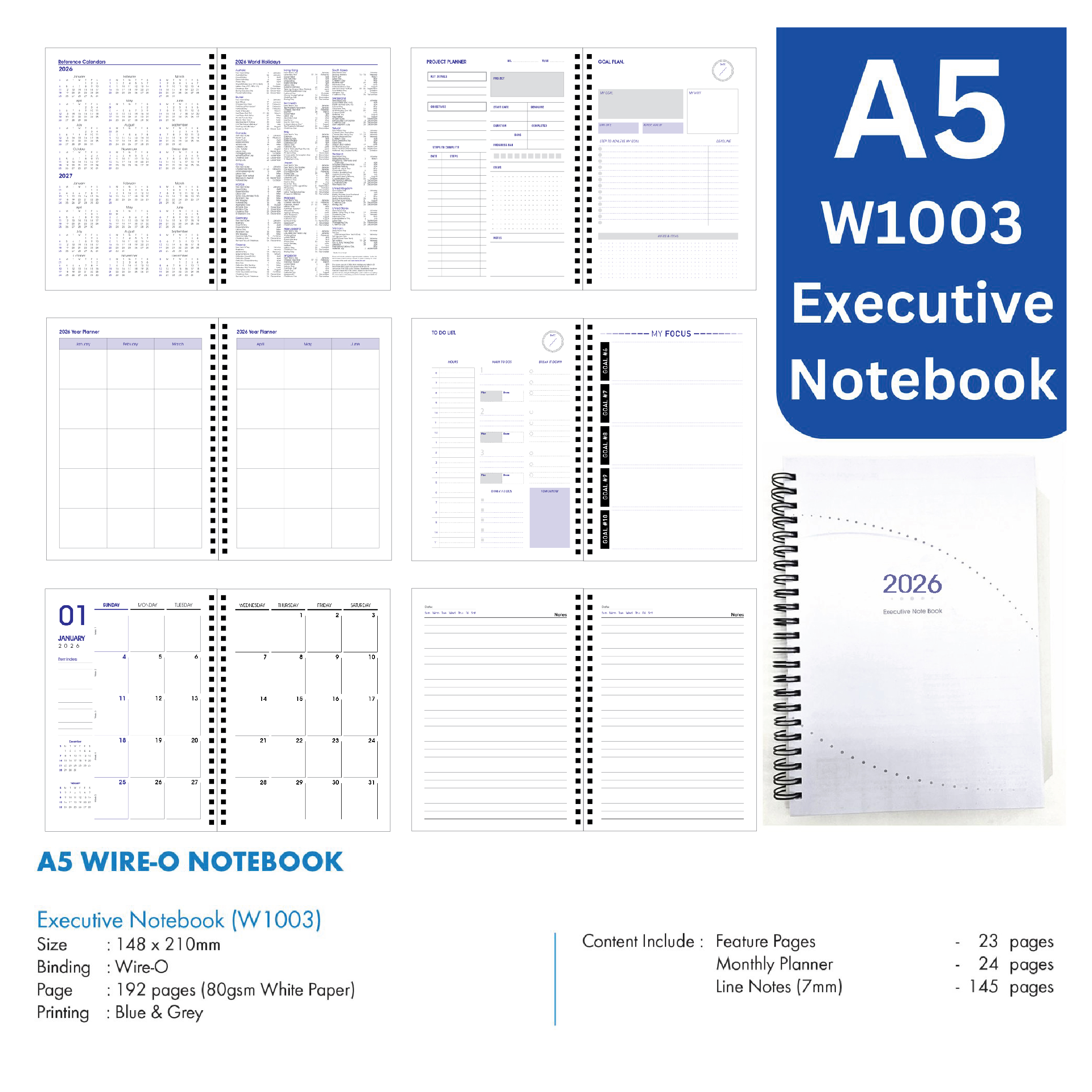 2026 Diary Planner A5 PU Leather W1003 Wire O Monthly Planner Notebook ...