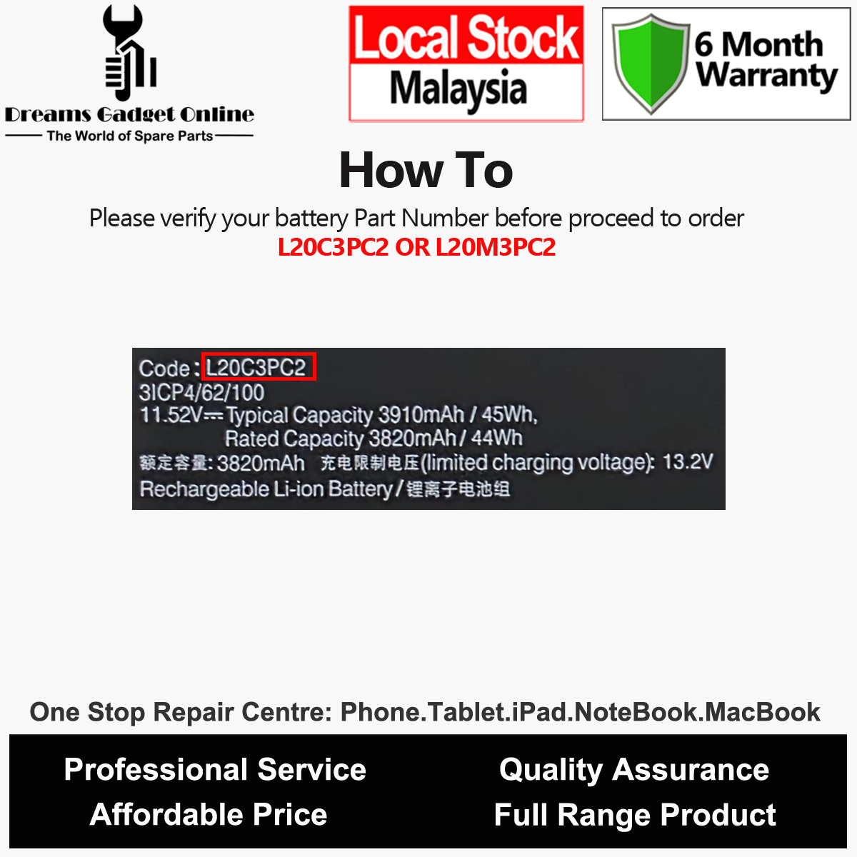 Lenovo Laptop Battery L20C3PC2 L20M3PC2 3910mAh for Lenovo IdeaPad ...